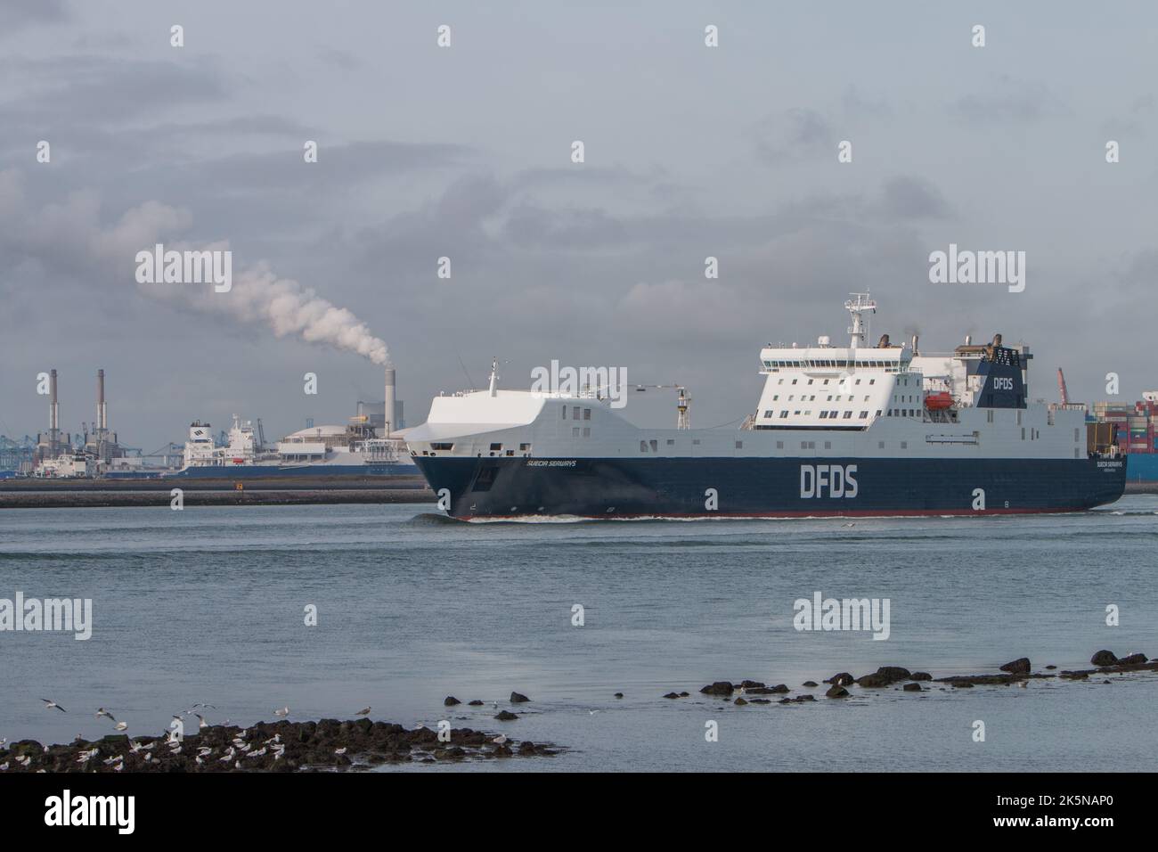 DFDS ship moving up waterway towards port. Hook of Holland. Netherlands ...