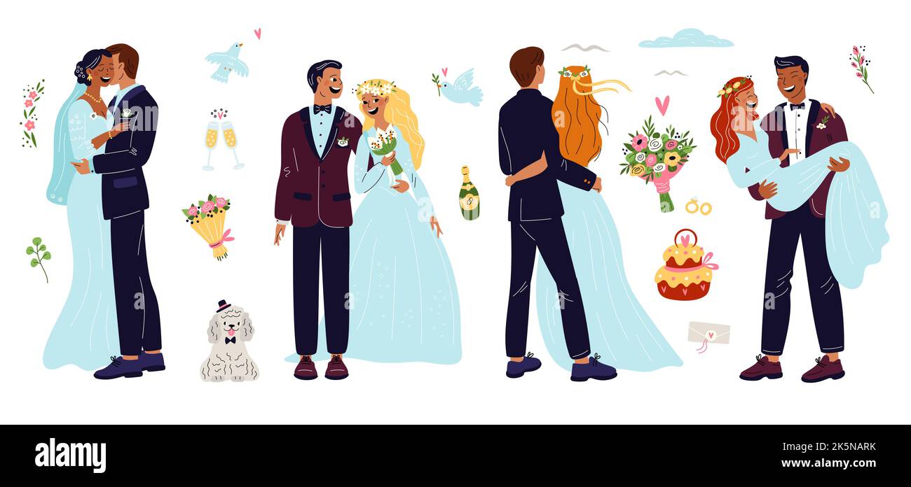 Cartoon Wedding Couples Characters Newlyweds In Suits And Dresses