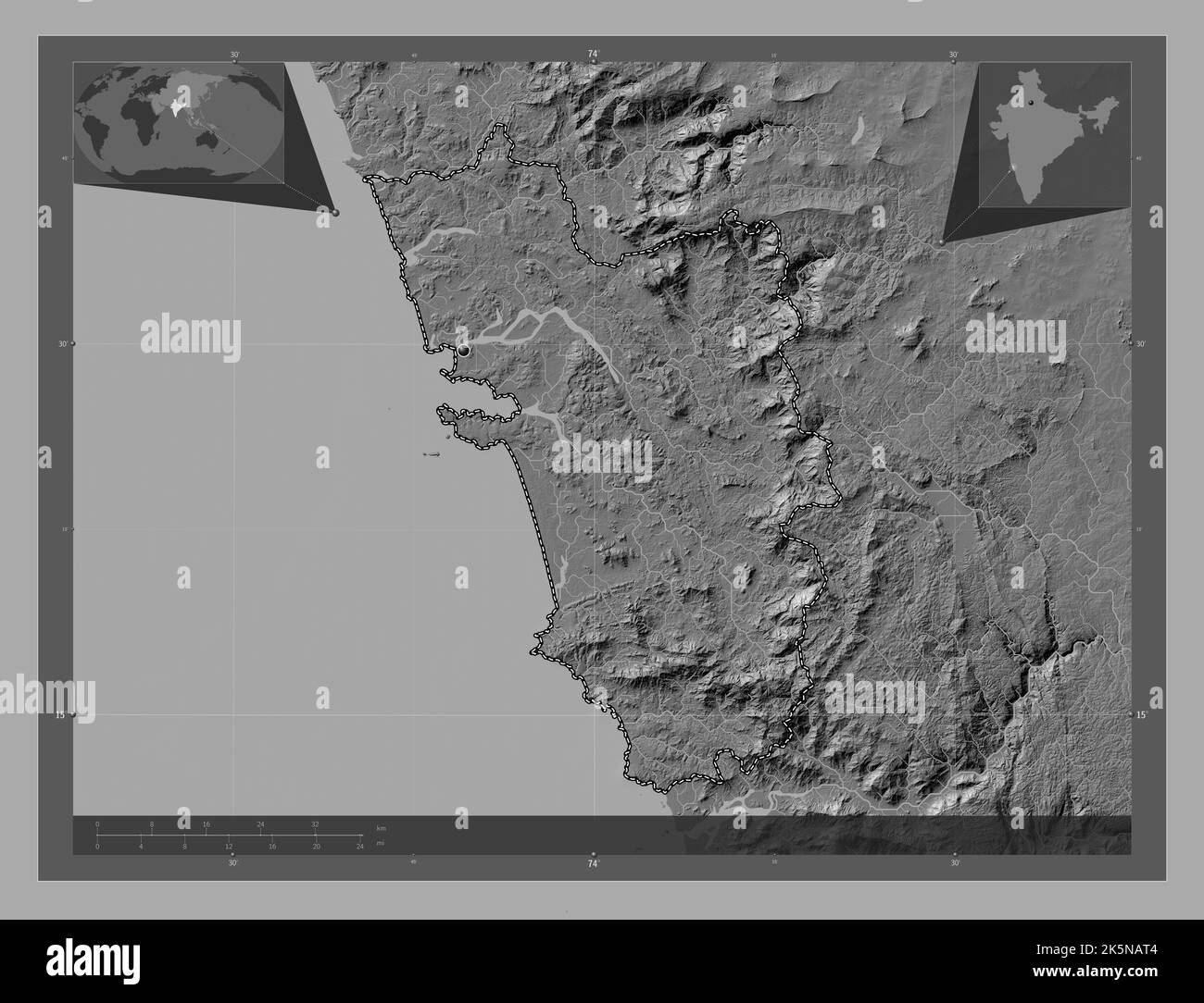 Goa, state of India. Bilevel elevation map with lakes and rivers ...