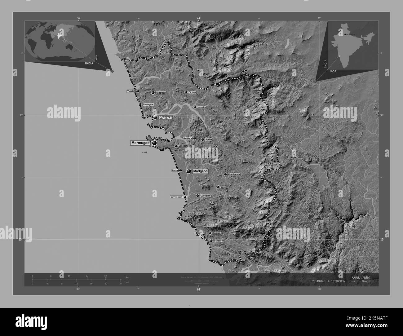 Goa, state of India. Bilevel elevation map with lakes and rivers ...