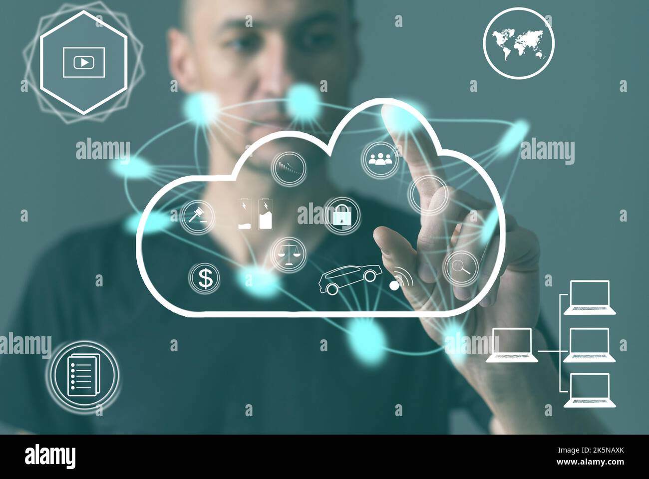 businessman using modern computer, pressing button on virtual screen ...