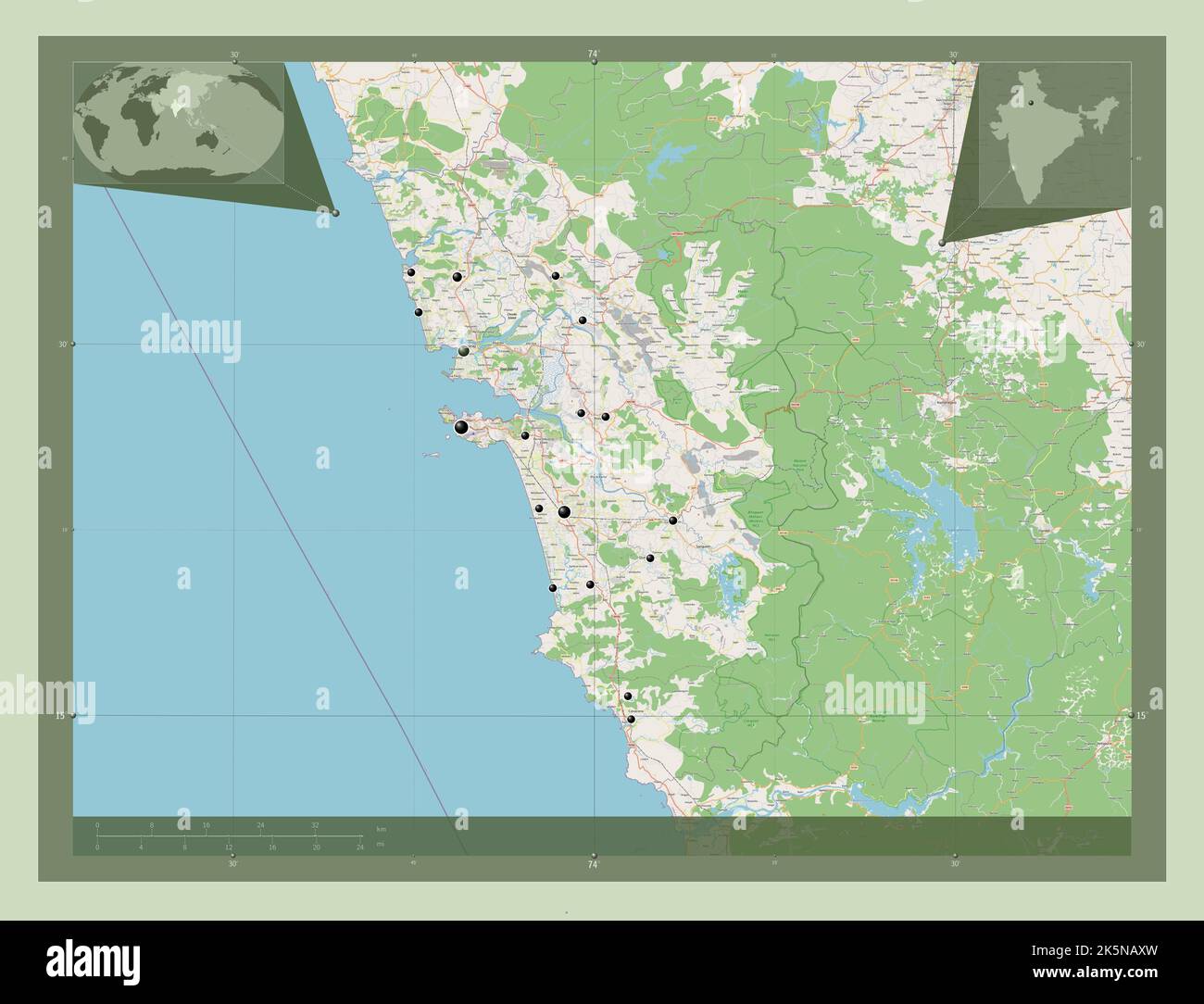Goa, state of India. Open Street Map. Locations of major cities of the ...