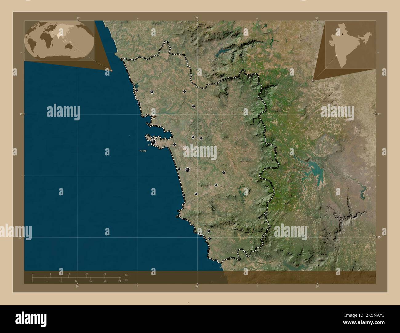 Goa, state of India. Low resolution satellite map. Locations of major ...