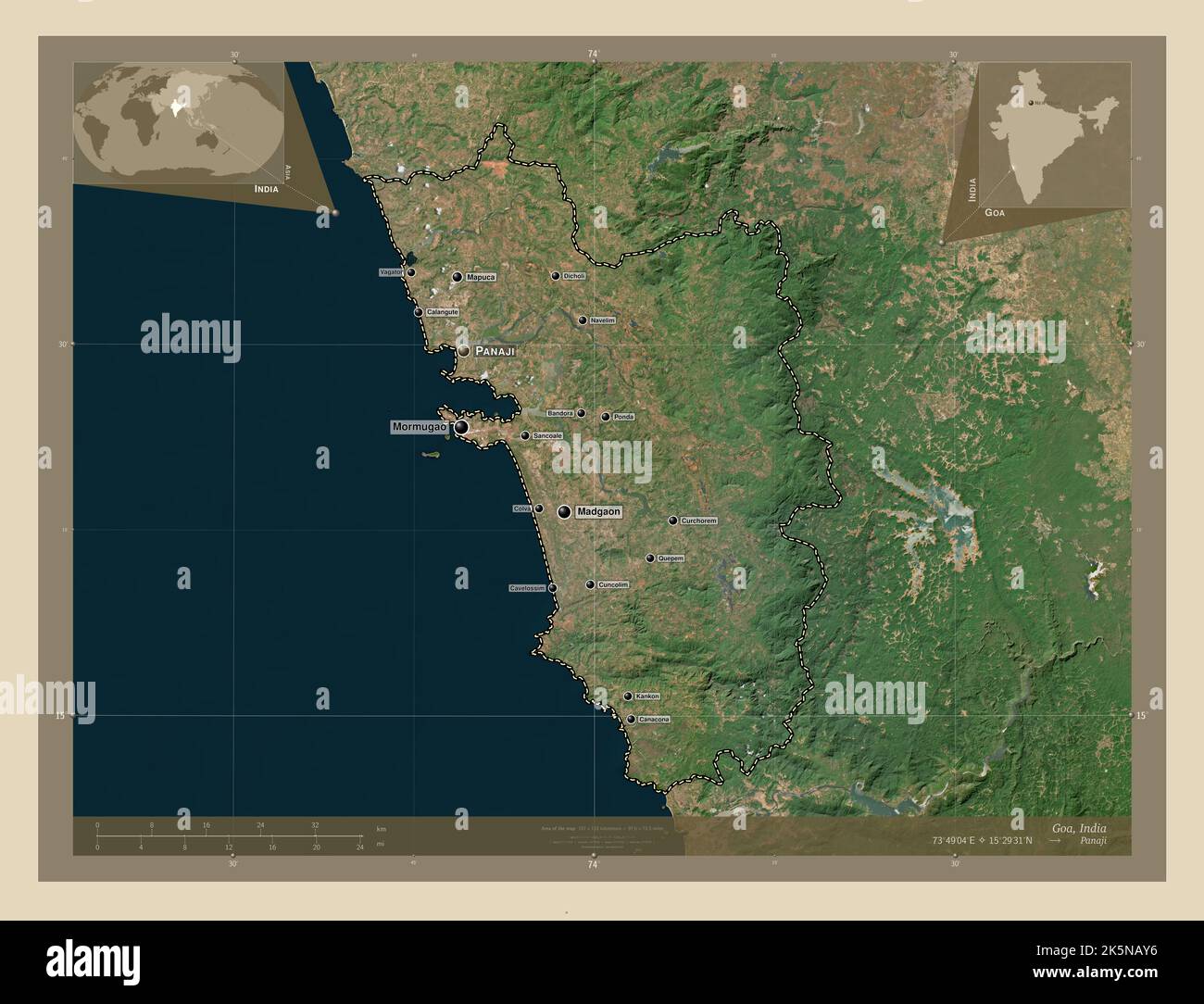 Goa, state of India. High resolution satellite map. Locations and names ...