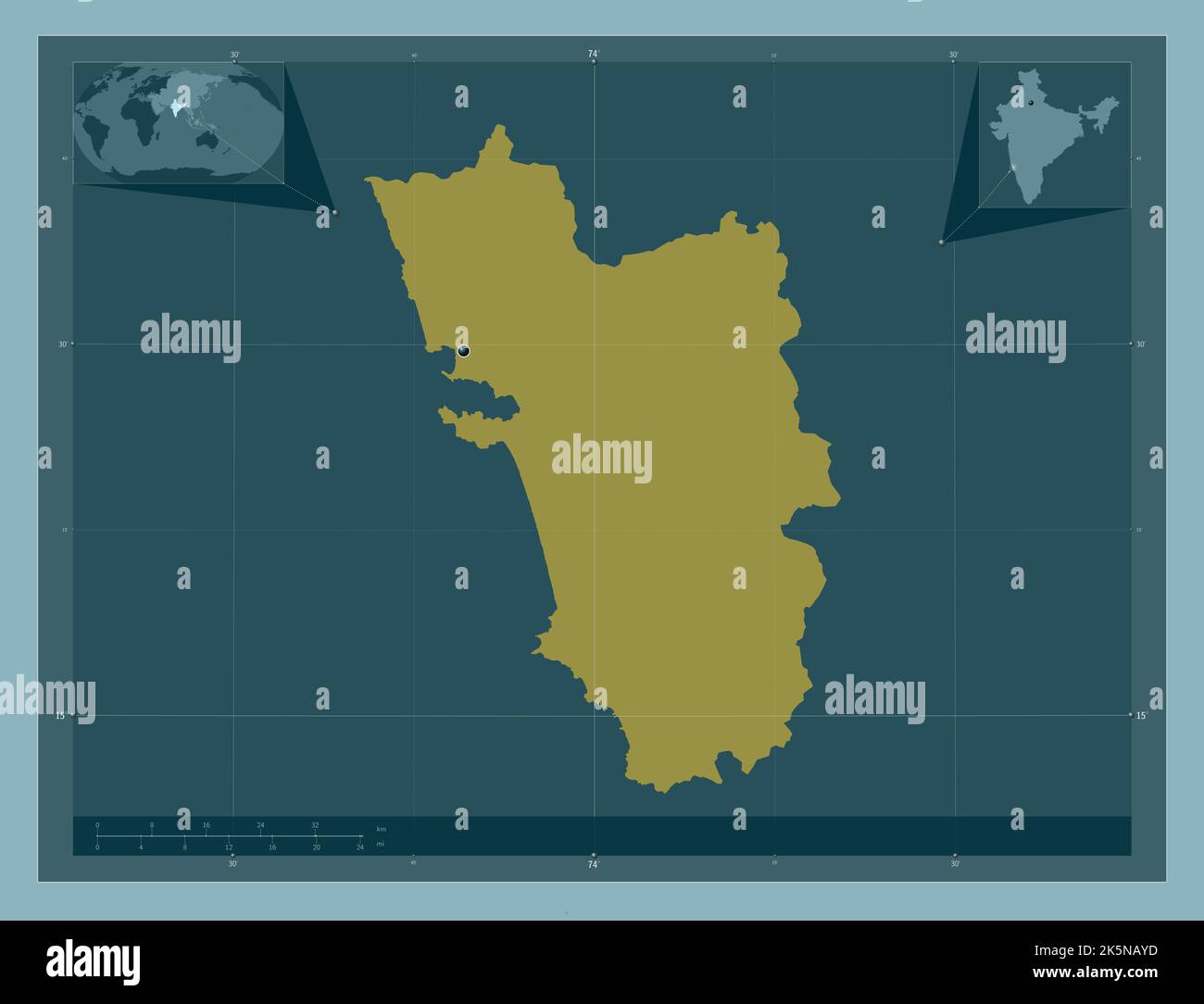 Goa, state of India. Solid color shape. Corner auxiliary location maps ...