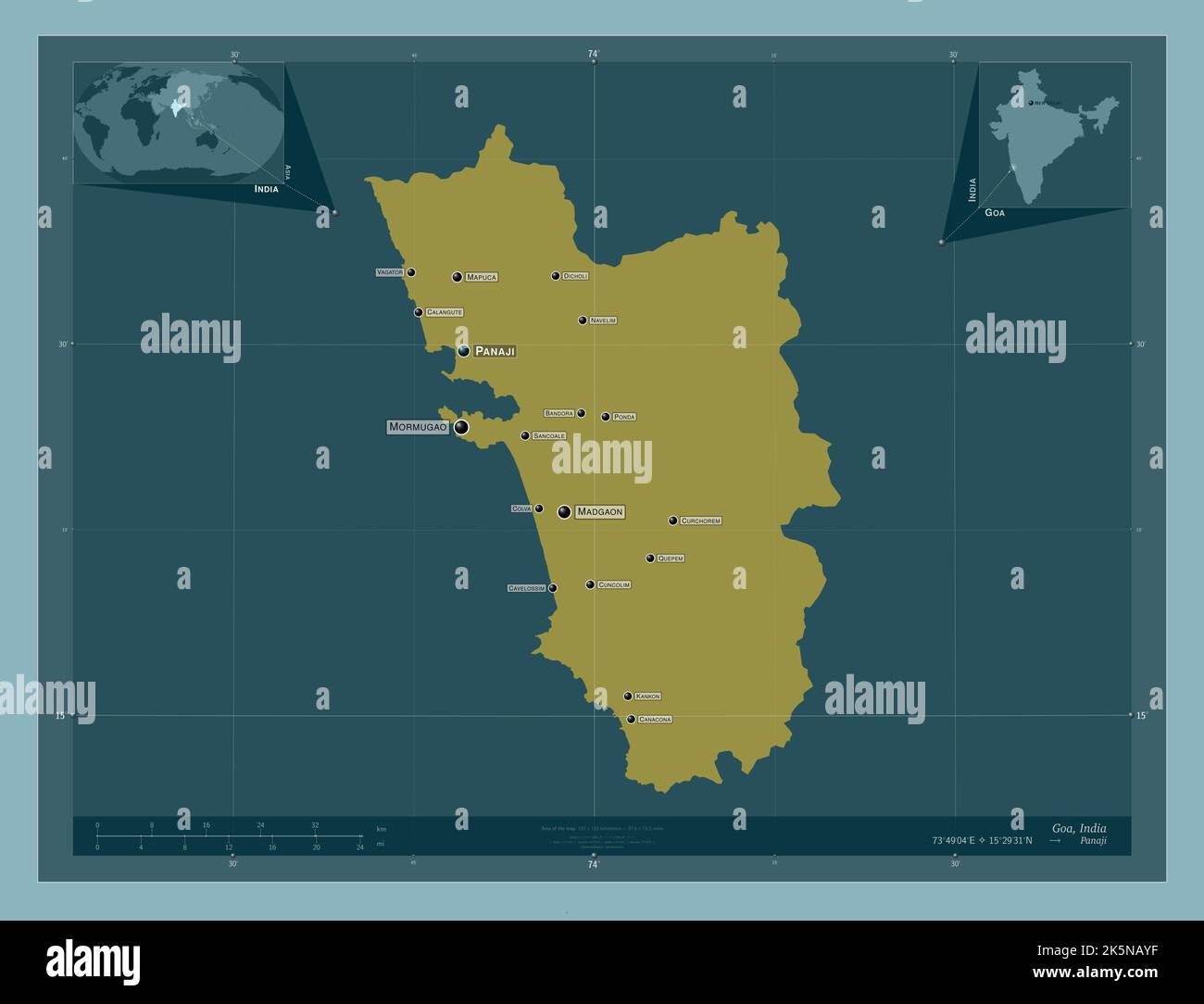 Goa, state of India. Solid color shape. Locations and names of major ...