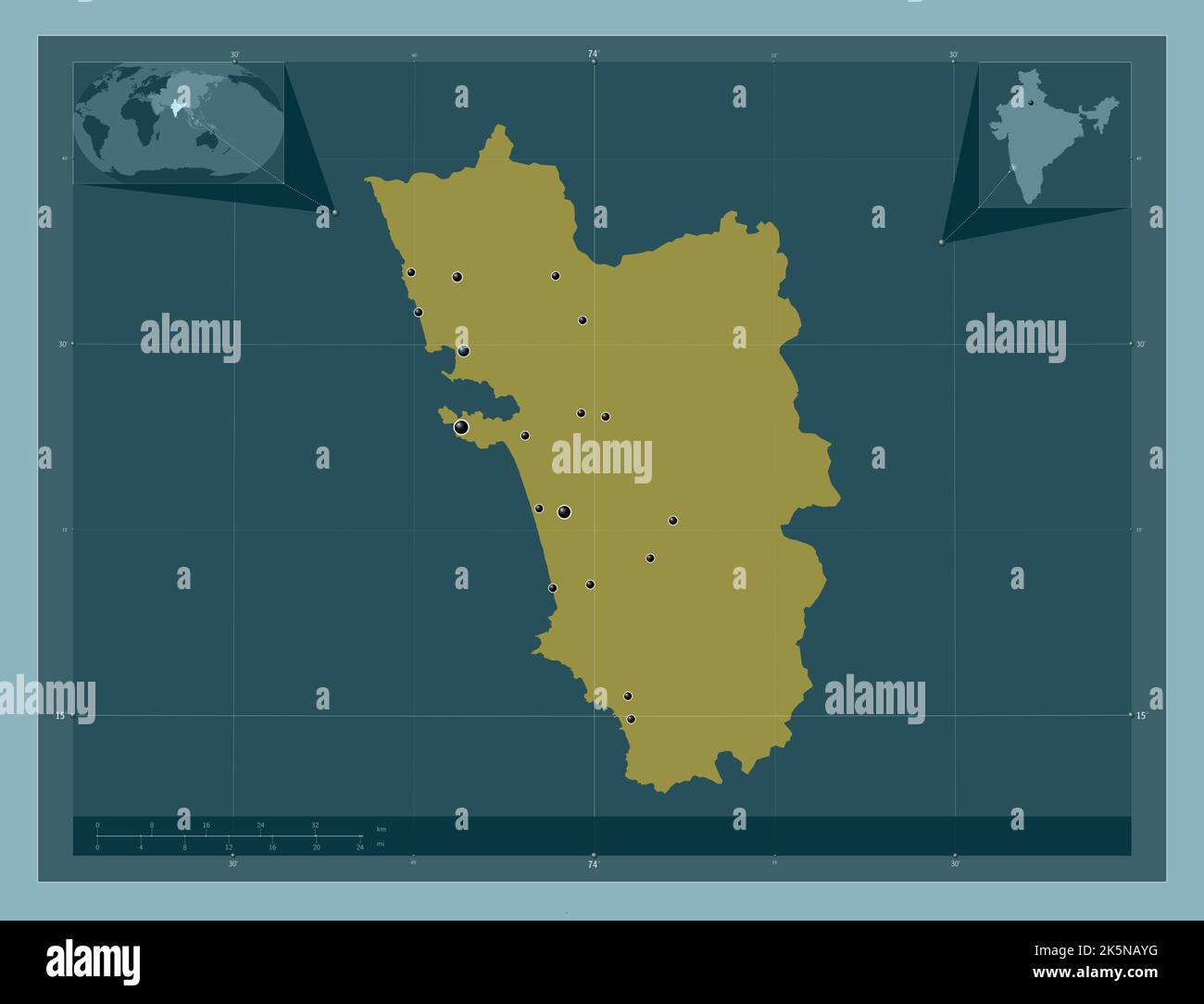 Goa, state of India. Solid color shape. Locations of major cities of ...