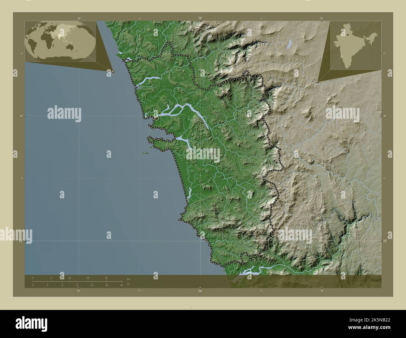 Goa, state of India. Elevation map colored in wiki style with lakes and ...