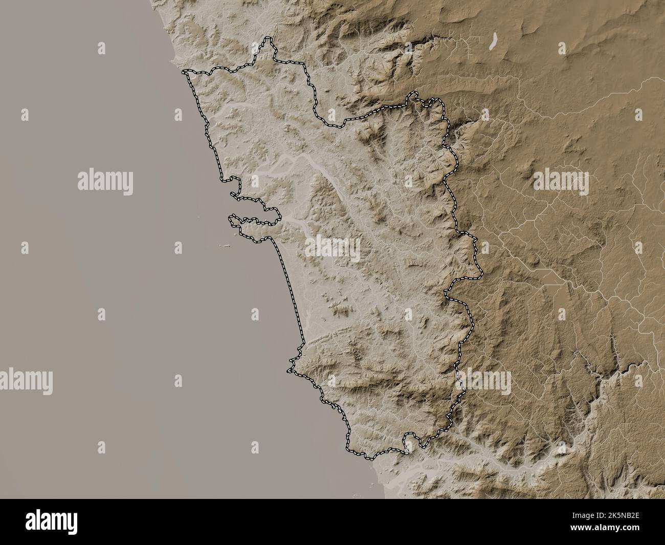 Goa, state of India. Elevation map colored in sepia tones with lakes ...