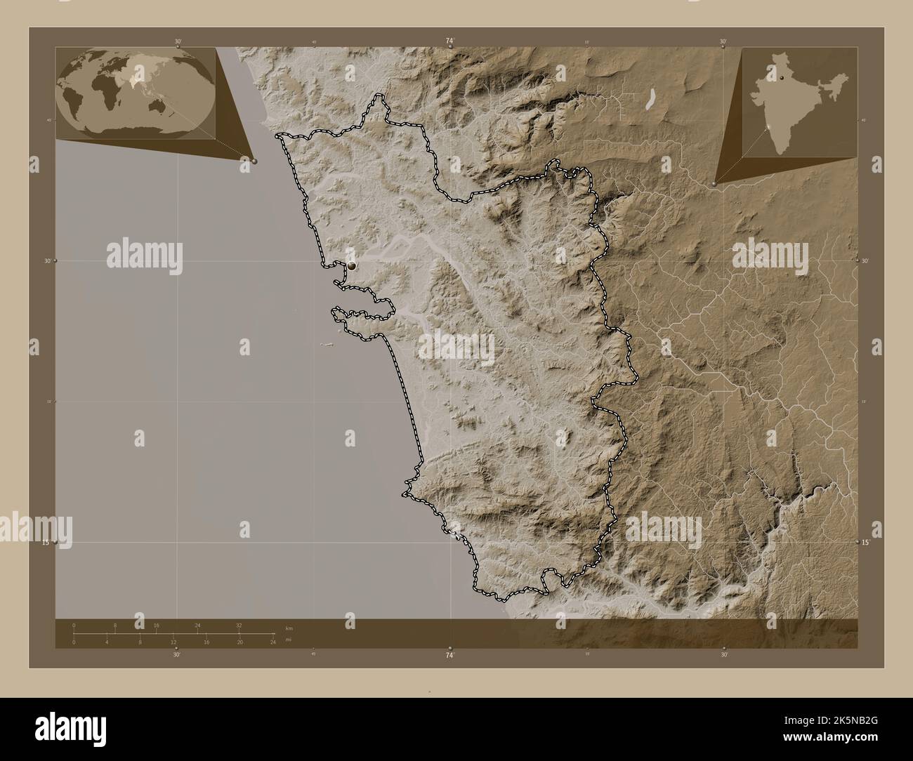 Goa, state of India. Elevation map colored in sepia tones with lakes ...