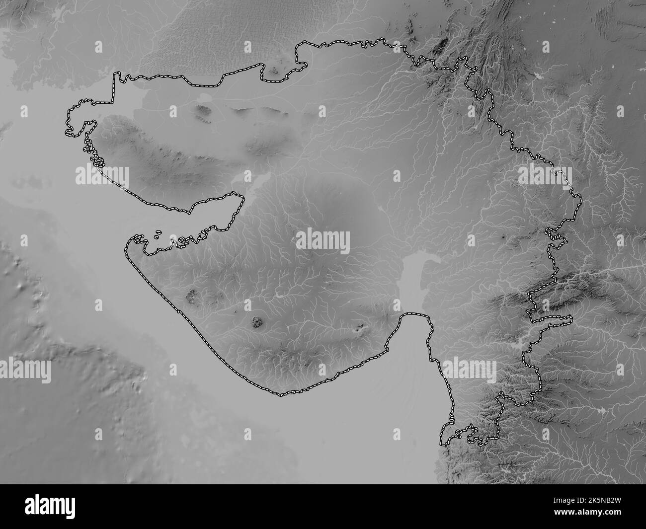 Gujarat, state of India. Grayscale elevation map with lakes and rivers ...