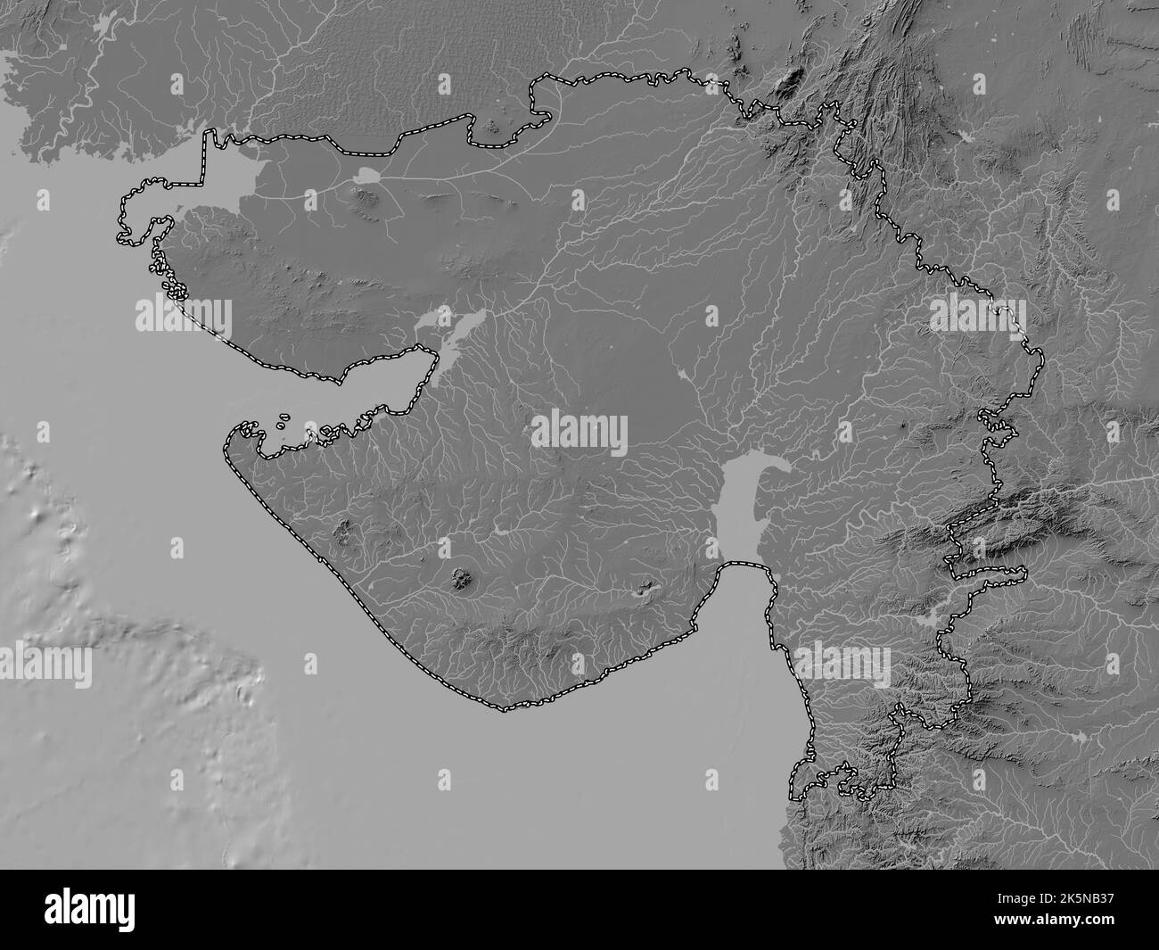 Gujarat, state of India. Bilevel elevation map with lakes and rivers ...