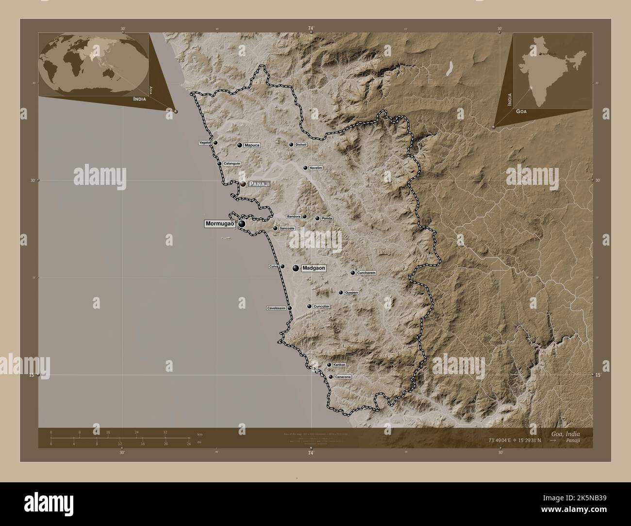 Goa, state of India. Elevation map colored in sepia tones with lakes ...