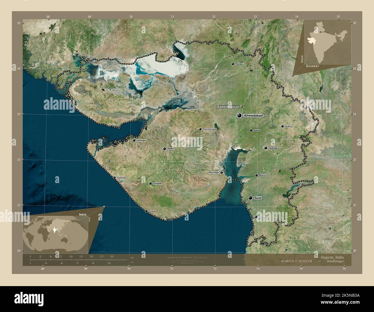 Gujarat, state of India. High resolution satellite map. Locations and ...
