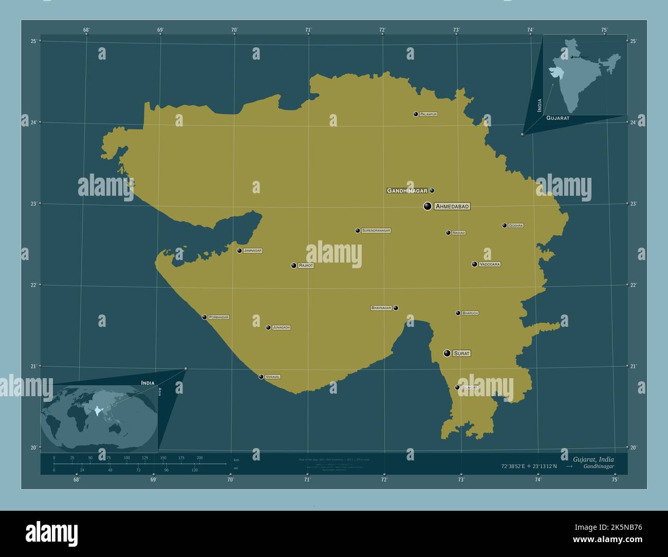 Gujarat, state of India. Solid color shape. Locations and names of ...