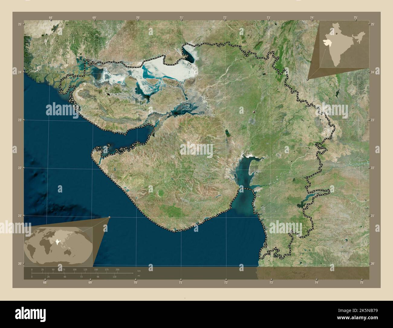 Gujarat, state of India. High resolution satellite map. Corner ...