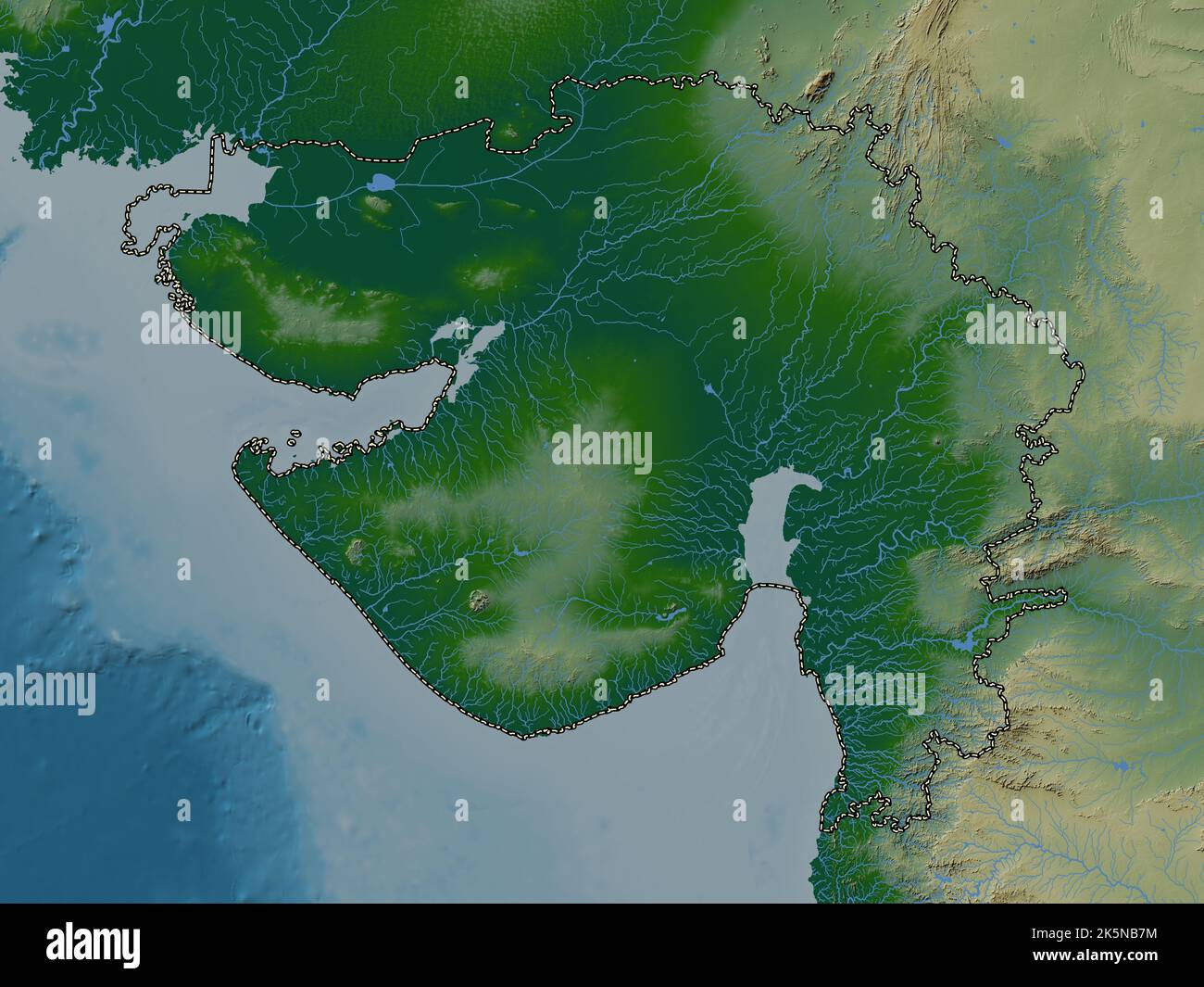 Gujarat, state of India. Colored elevation map with lakes and rivers ...
