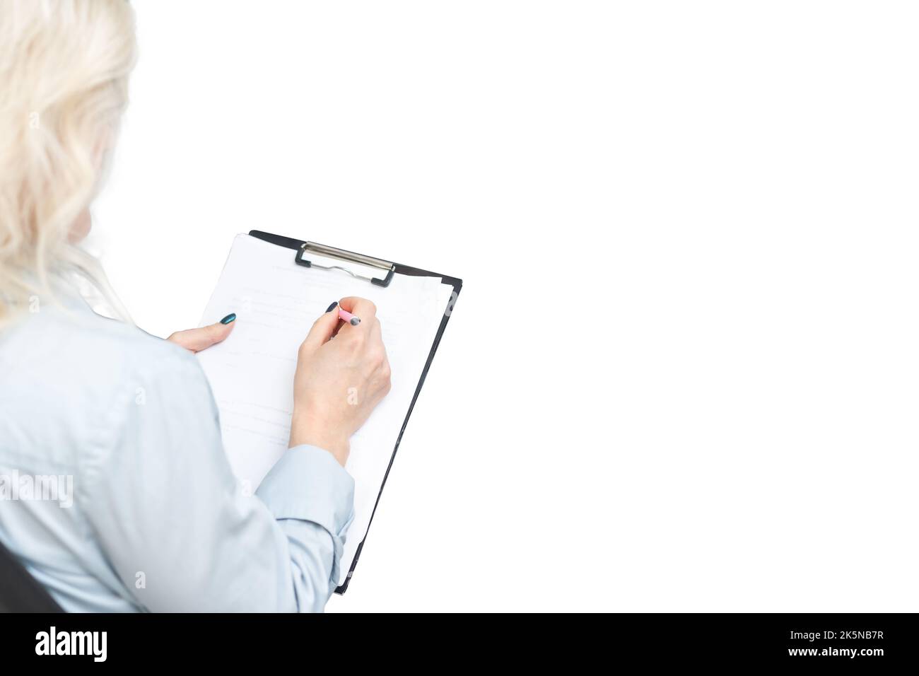 therapist taking notes on white background Stock Photo - Alamy