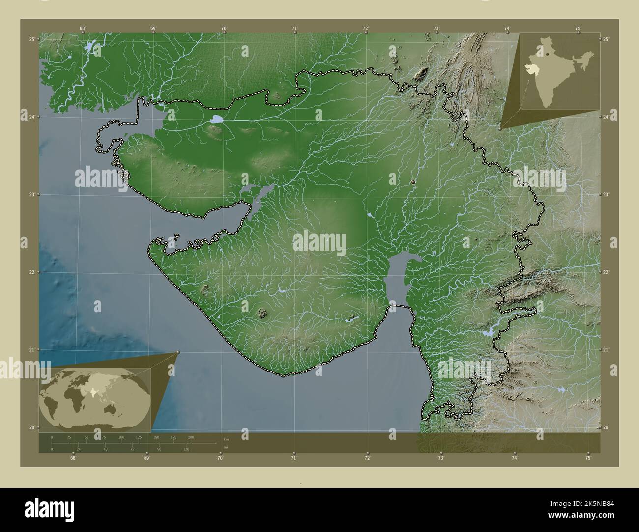 Gujarat, state of India. Elevation map colored in wiki style with lakes ...