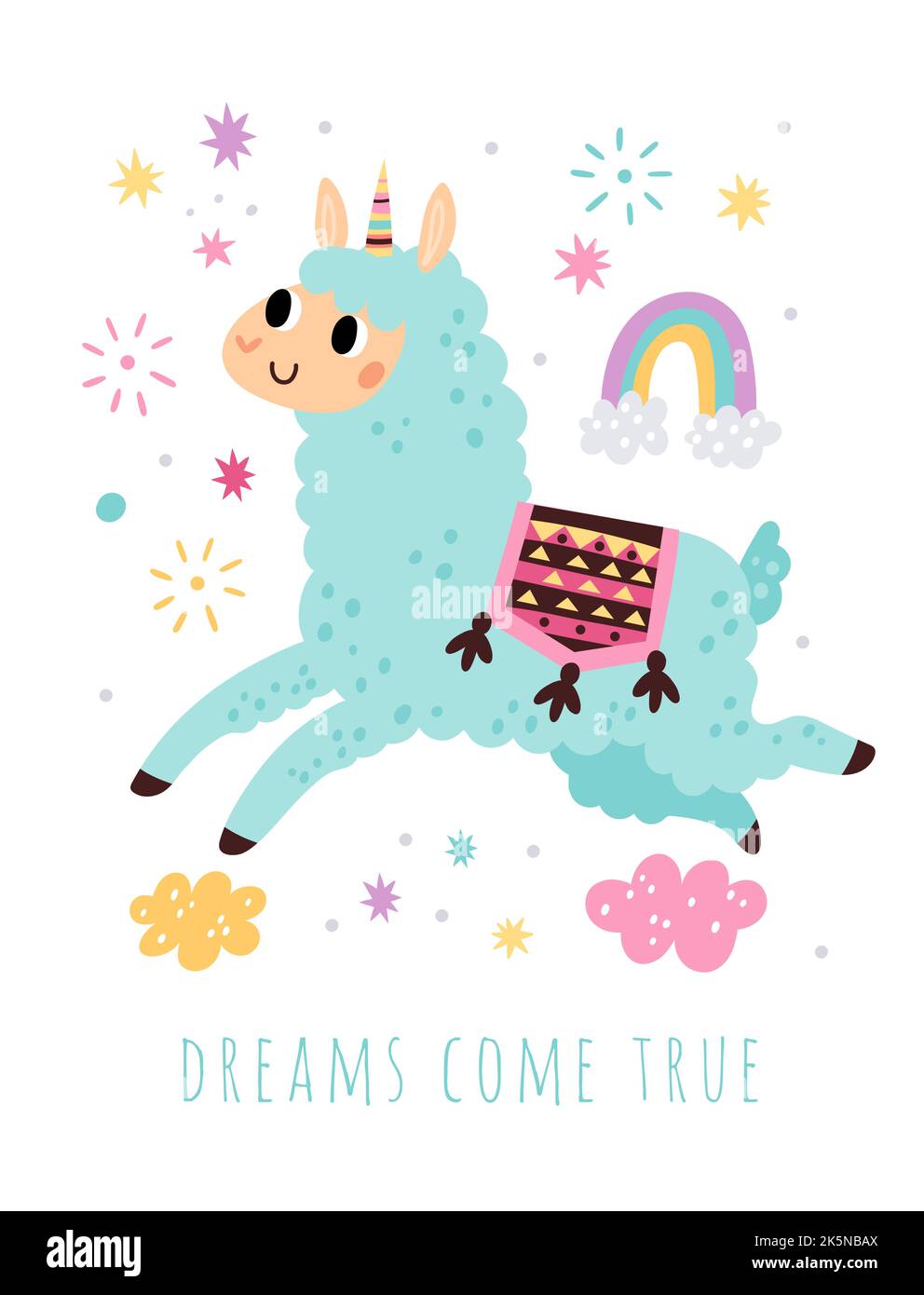 Cute llama greeting card. Funny little alpaca jumping with clouds and ...