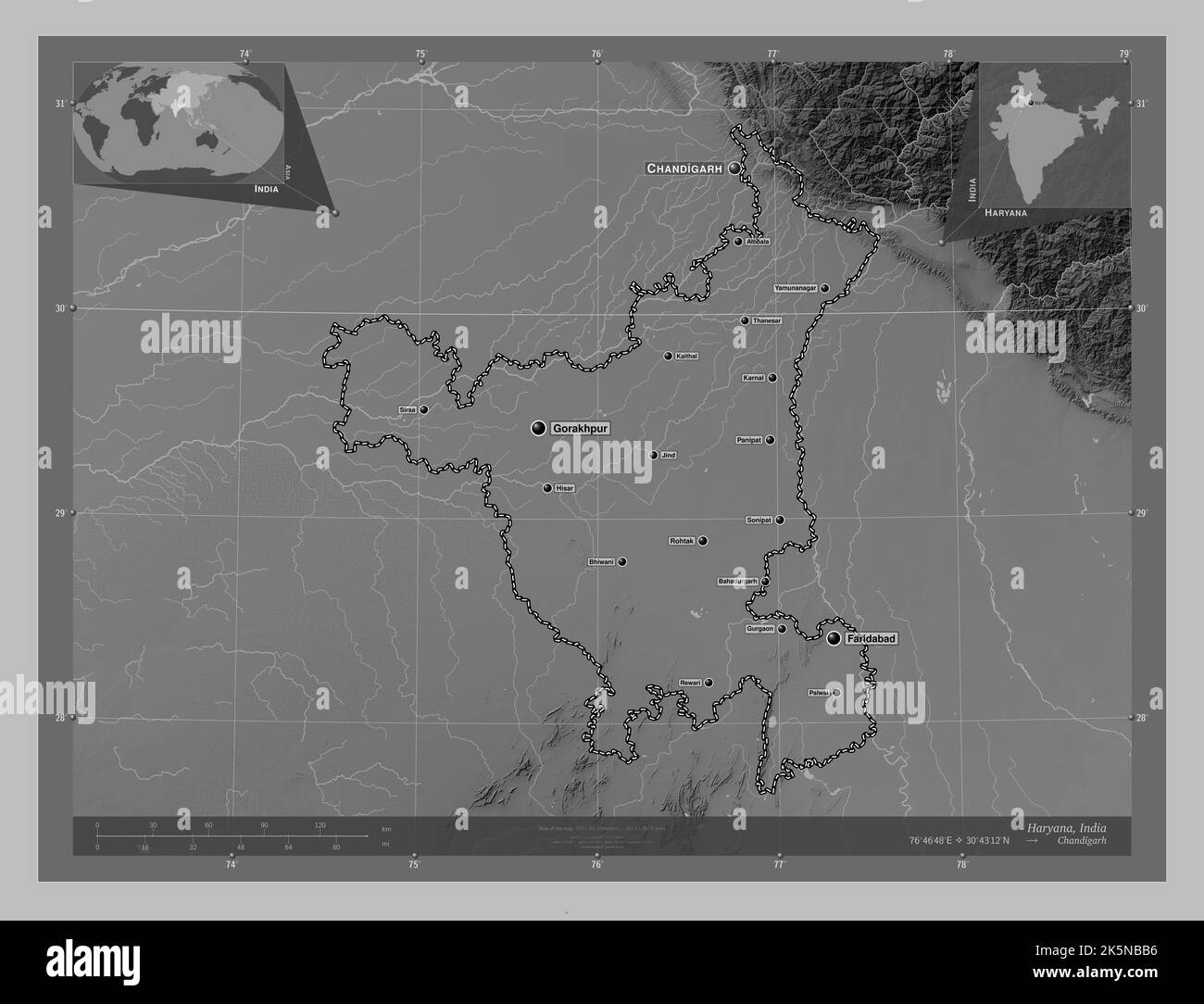 Haryana, state of India. Grayscale elevation map with lakes and rivers ...