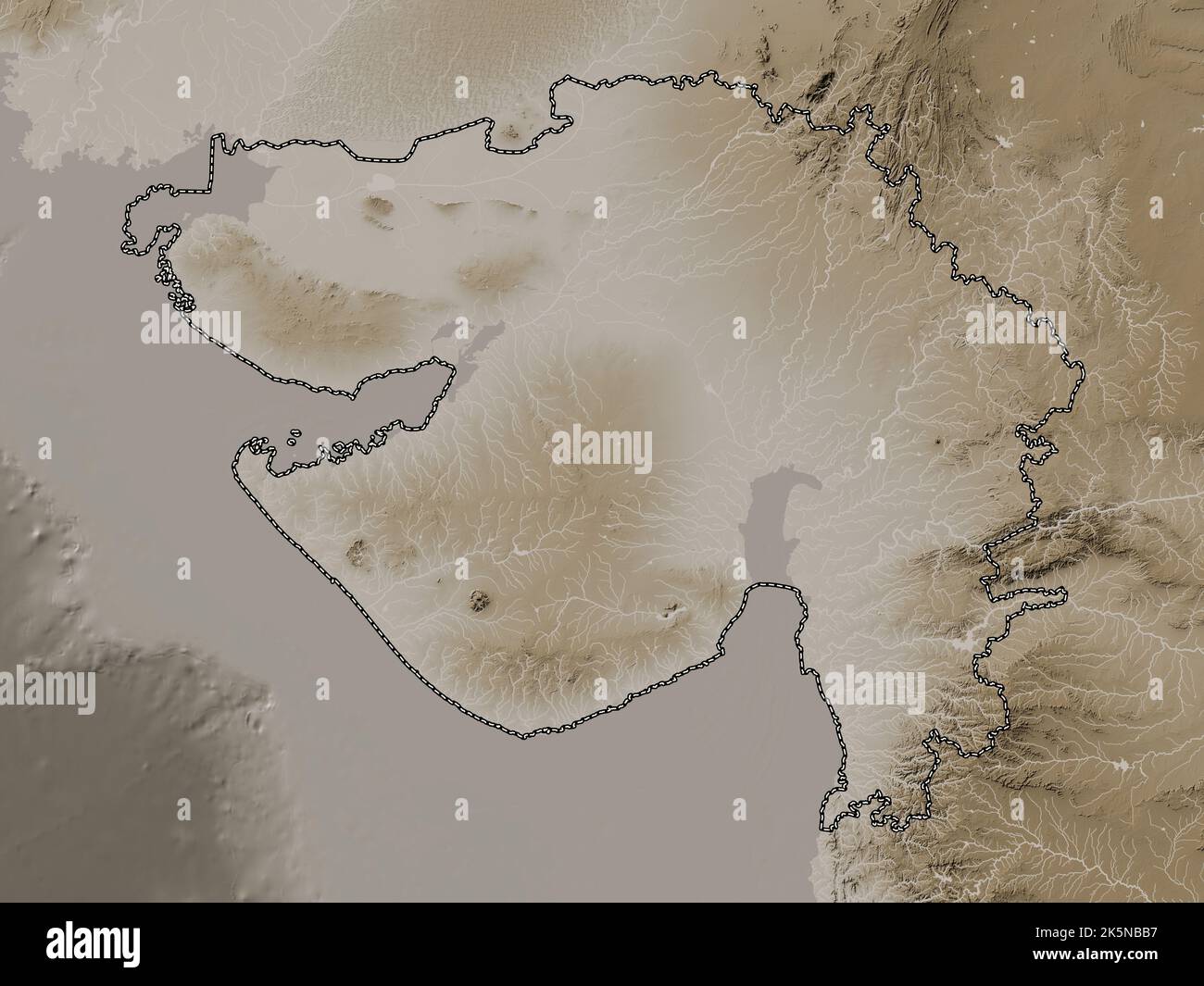 Gujarat, state of India. Elevation map colored in sepia tones with ...