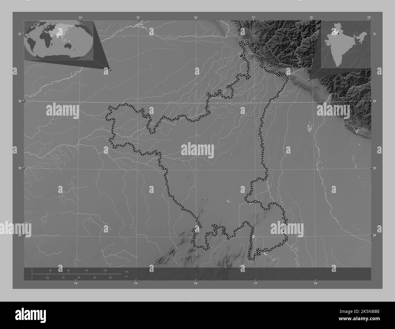 Haryana State Of India Grayscale Elevation Map With Lakes And Rivers Corner Auxiliary