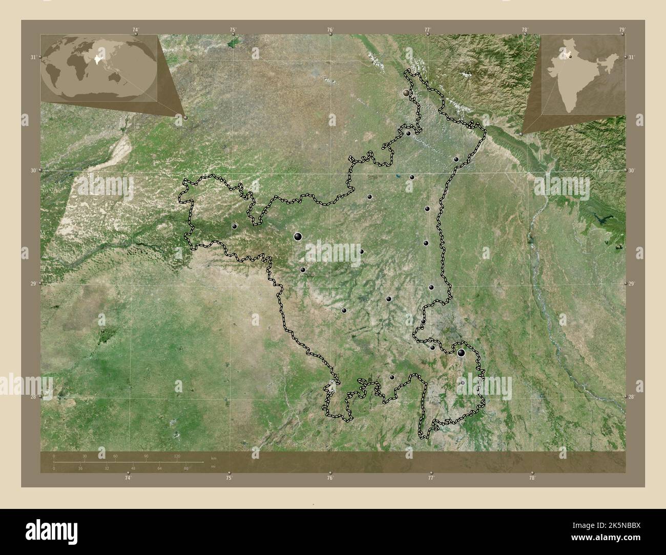 Haryana, state of India. High resolution satellite map. Locations of major cities of the region ...