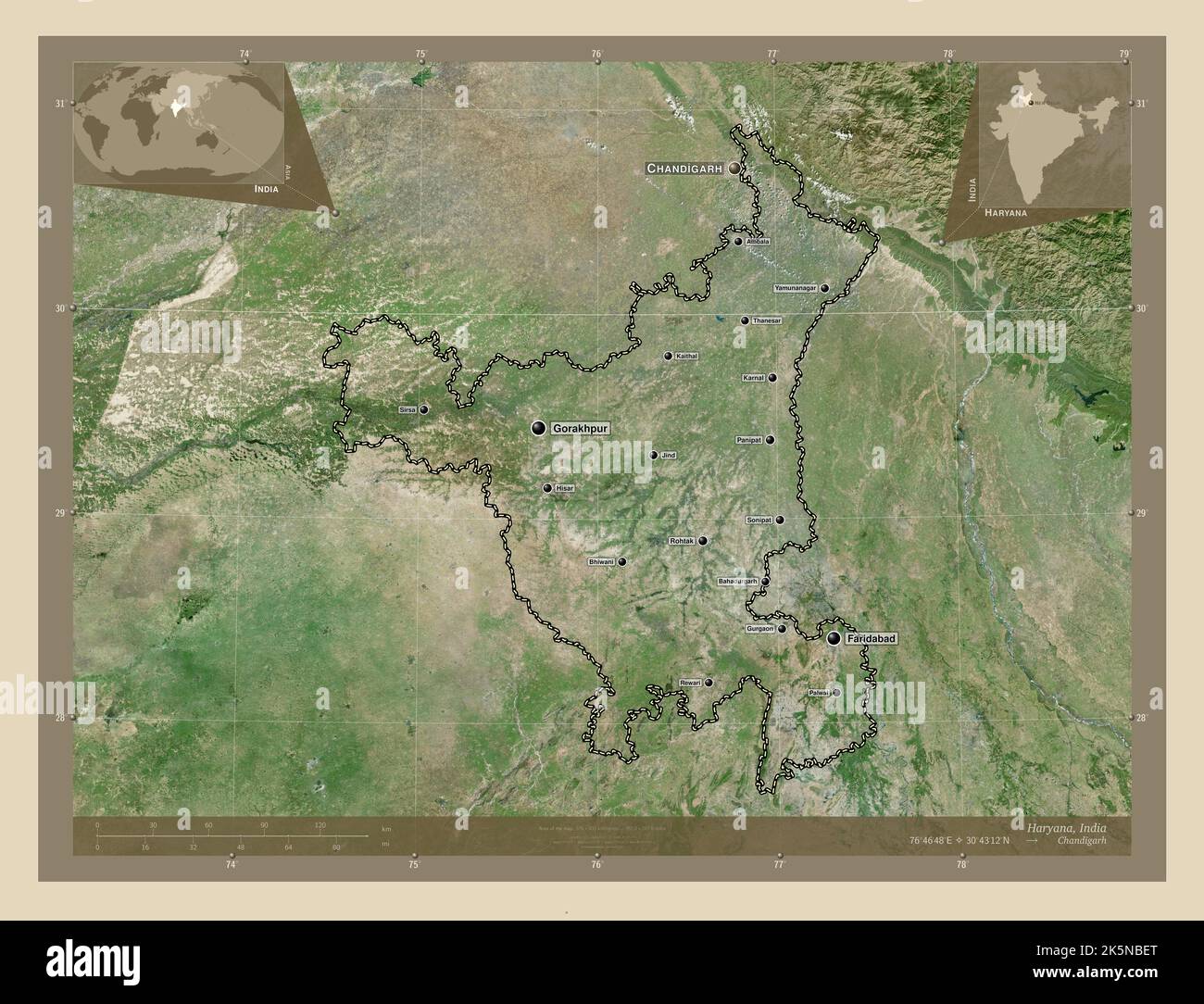 Haryana, state of India. High resolution satellite map. Locations and ...