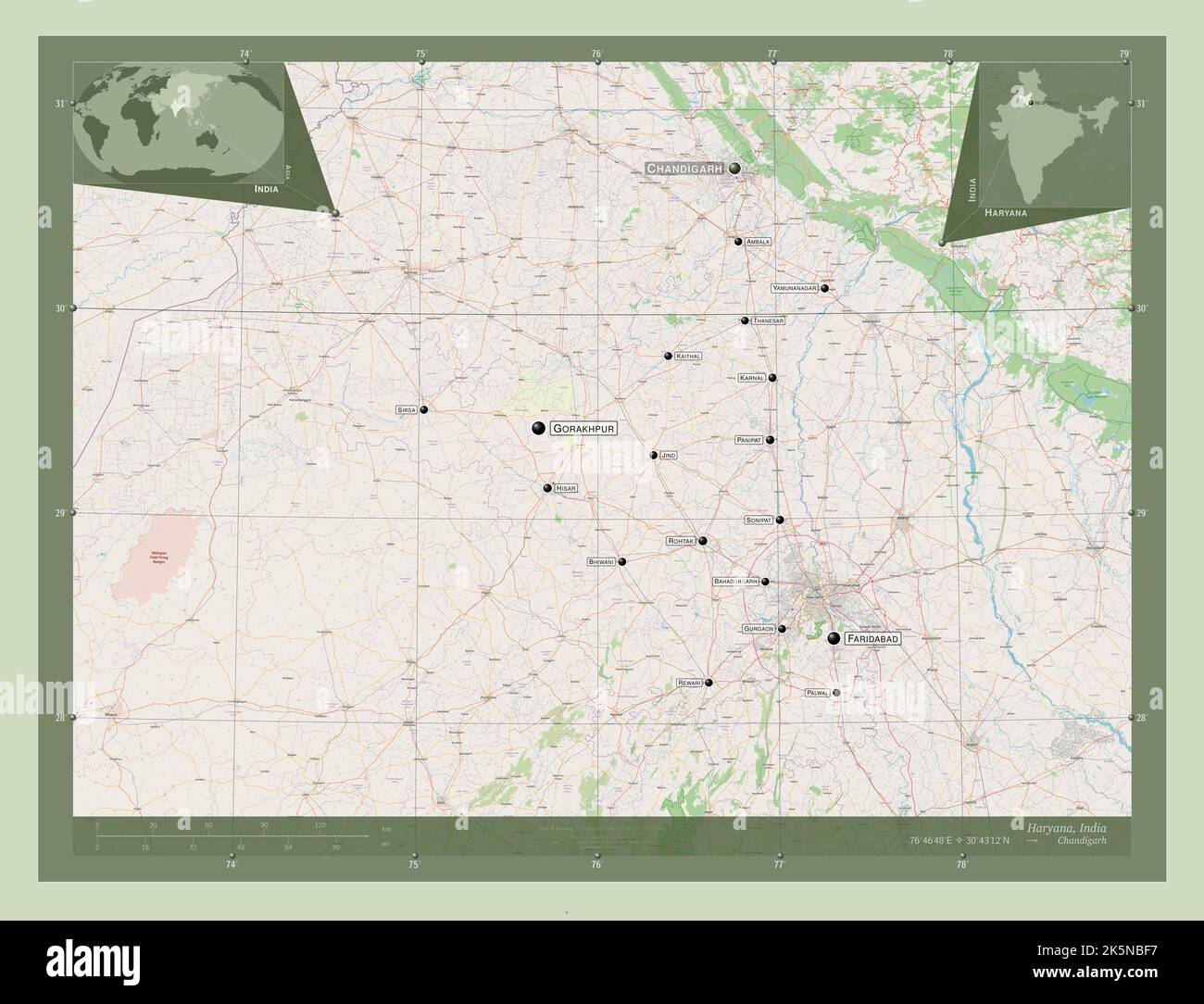 Haryana, state of India. Open Street Map. Locations and names of major ...