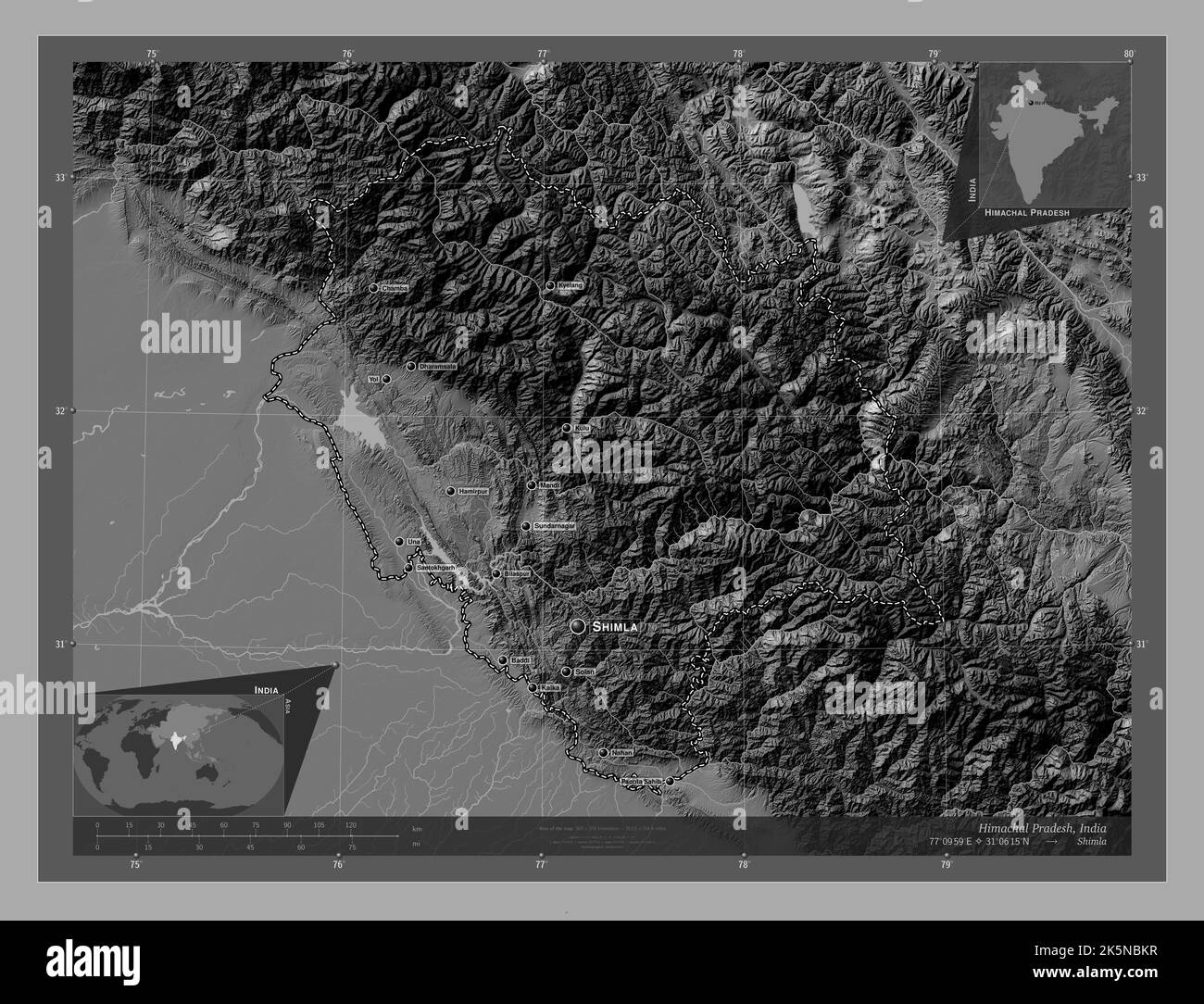 Himachal Pradesh, union territory of India. Bilevel elevation map with ...