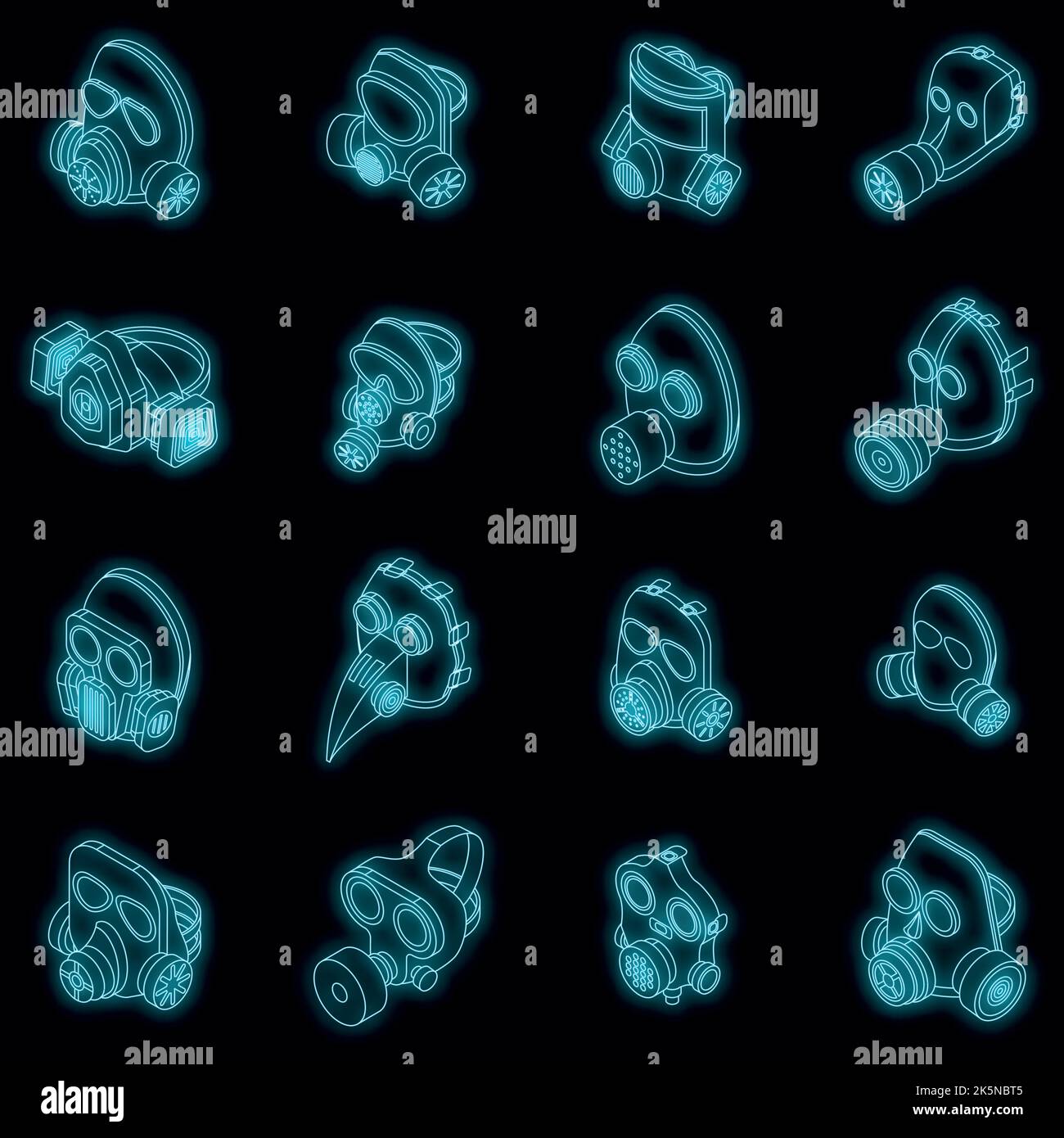 Gas mask icons set. Isometric set of gas mask vector icons neon color ...