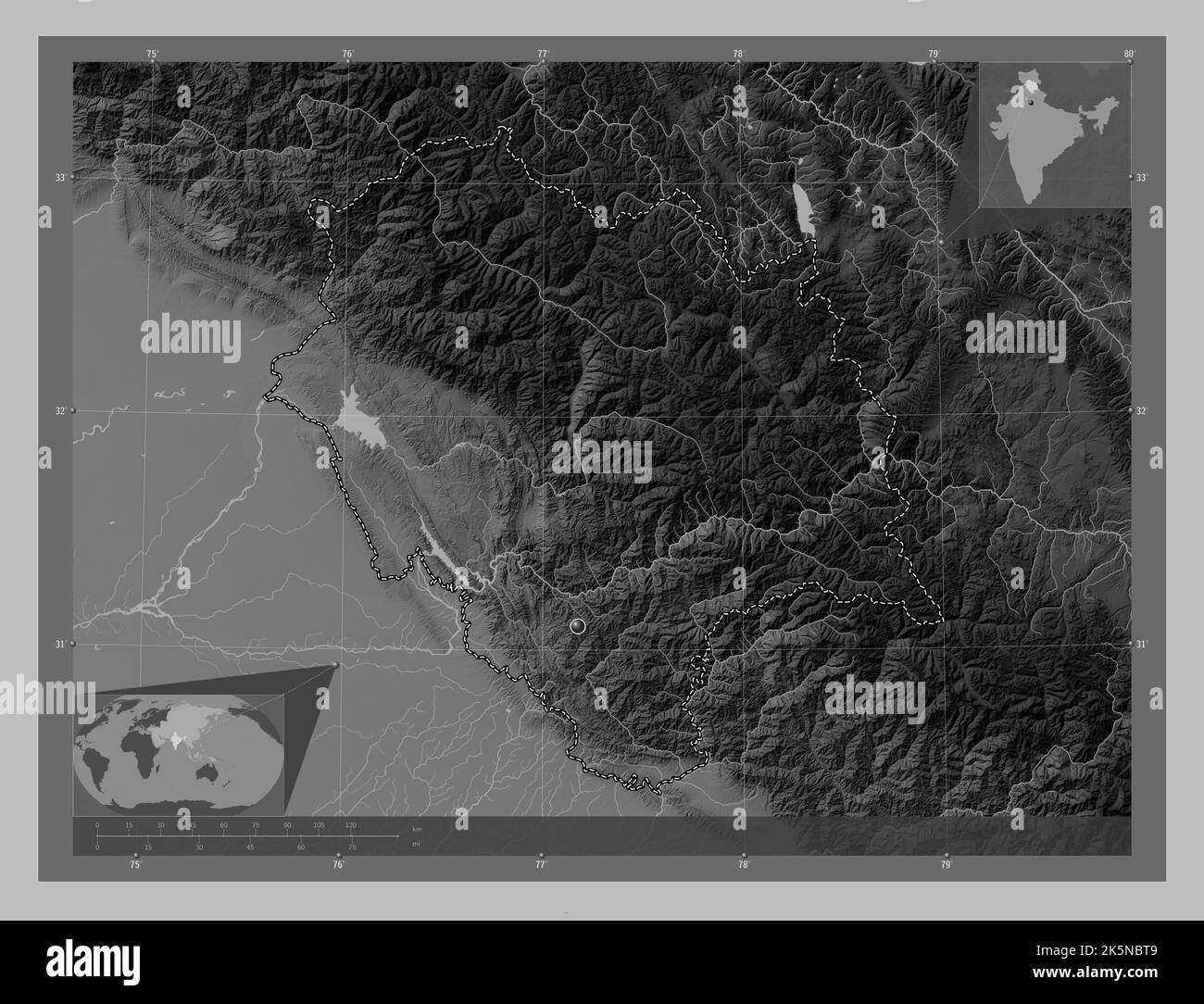 Himachal Pradesh, union territory of India. Grayscale elevation map with lakes and rivers ...