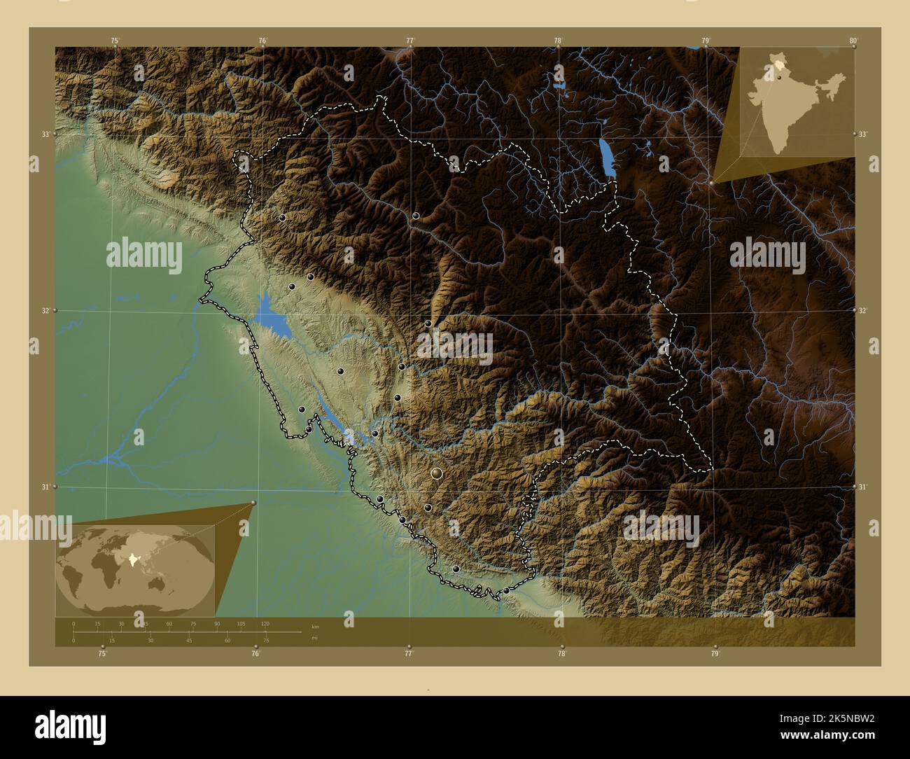 Himachal Pradesh, union territory of India. Colored elevation map with ...