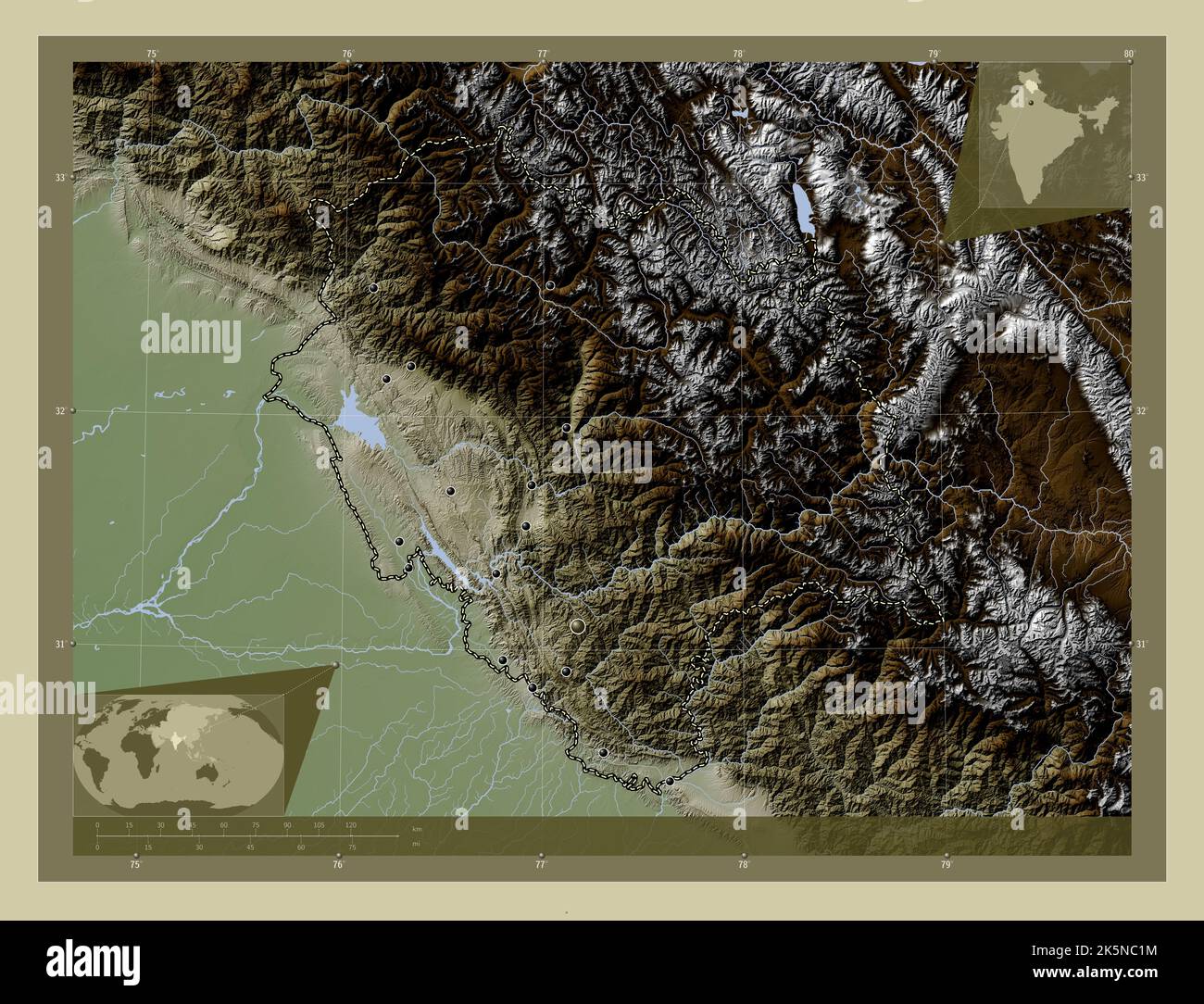 Himachal Pradesh, union territory of India. Elevation map colored in ...