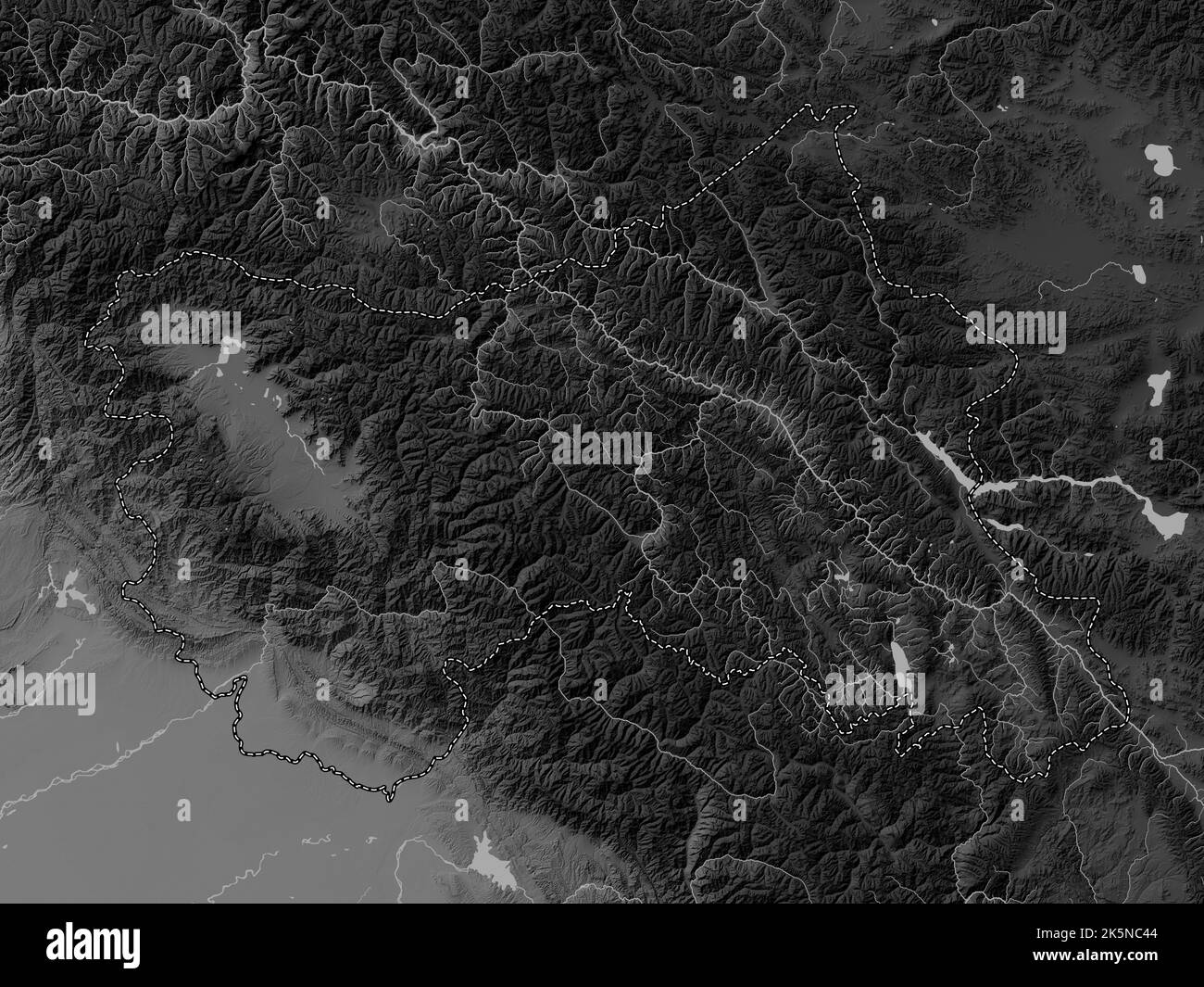 Jammu and Kashmir, state of India. Grayscale elevation map with lakes ...