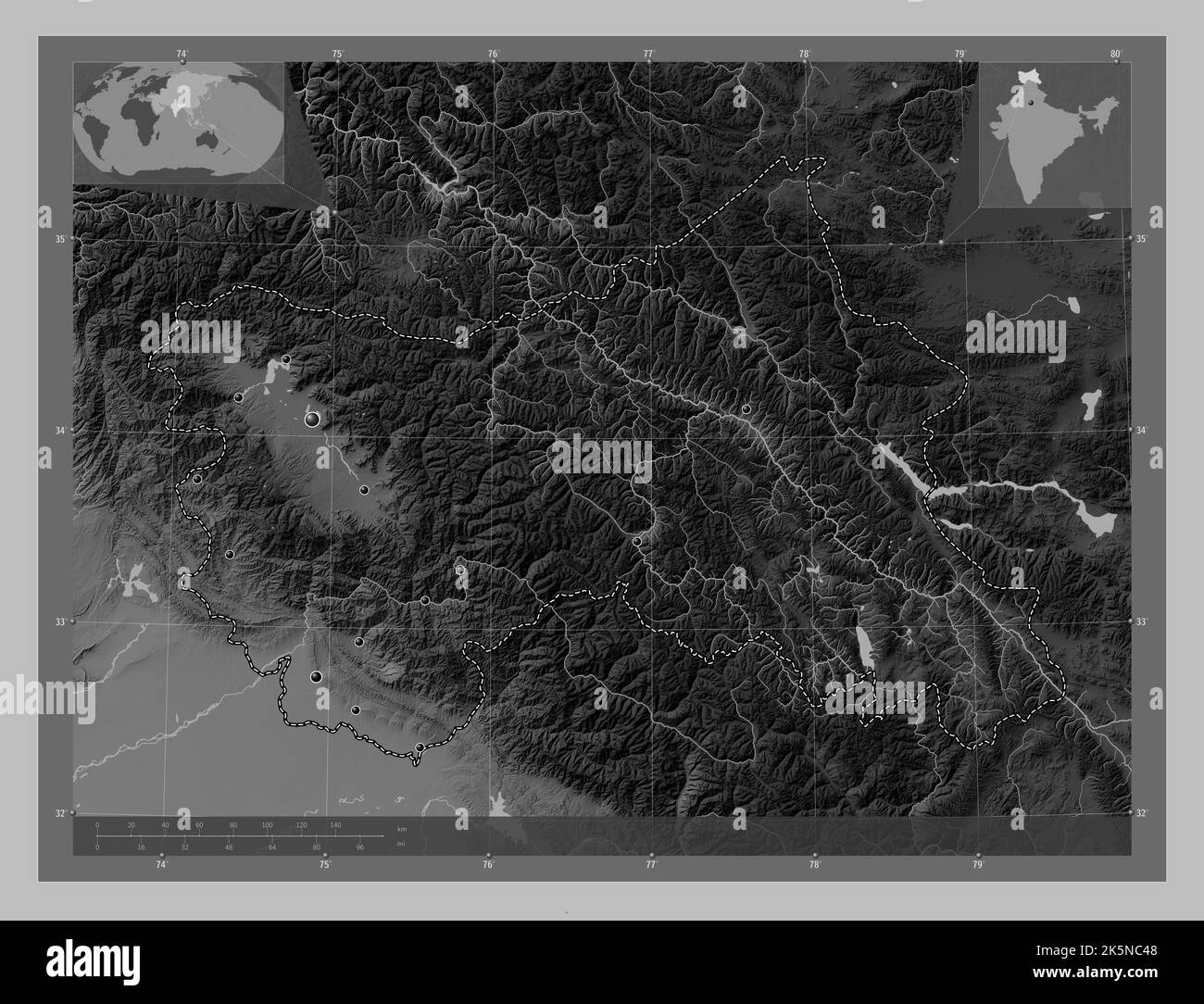 Jammu and Kashmir, state of India. Grayscale elevation map with lakes ...