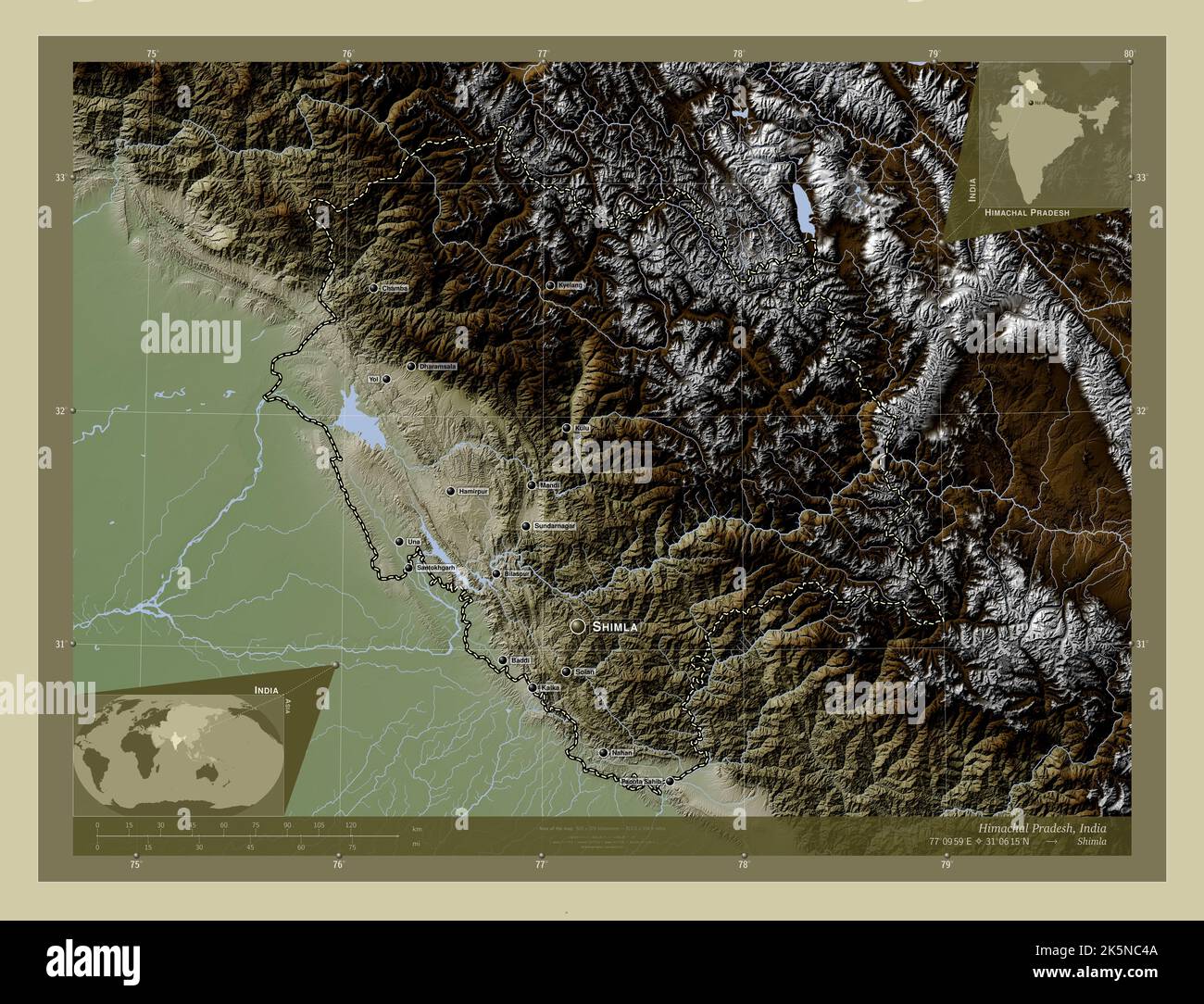 Himachal Pradesh, union territory of India. Elevation map colored in ...