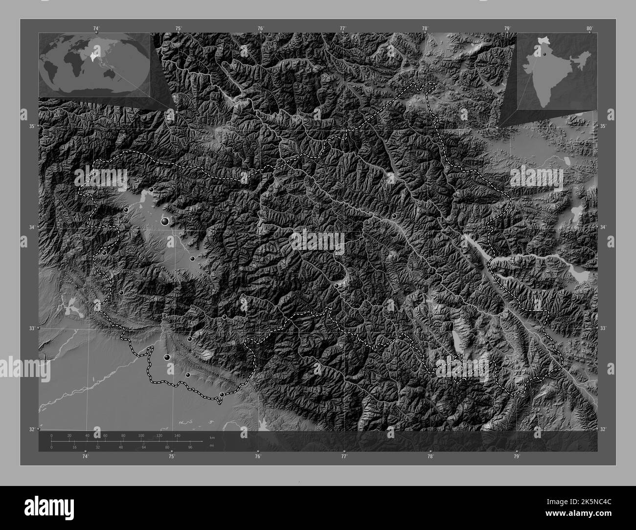 Jammu and Kashmir, state of India. Bilevel elevation map with lakes and ...