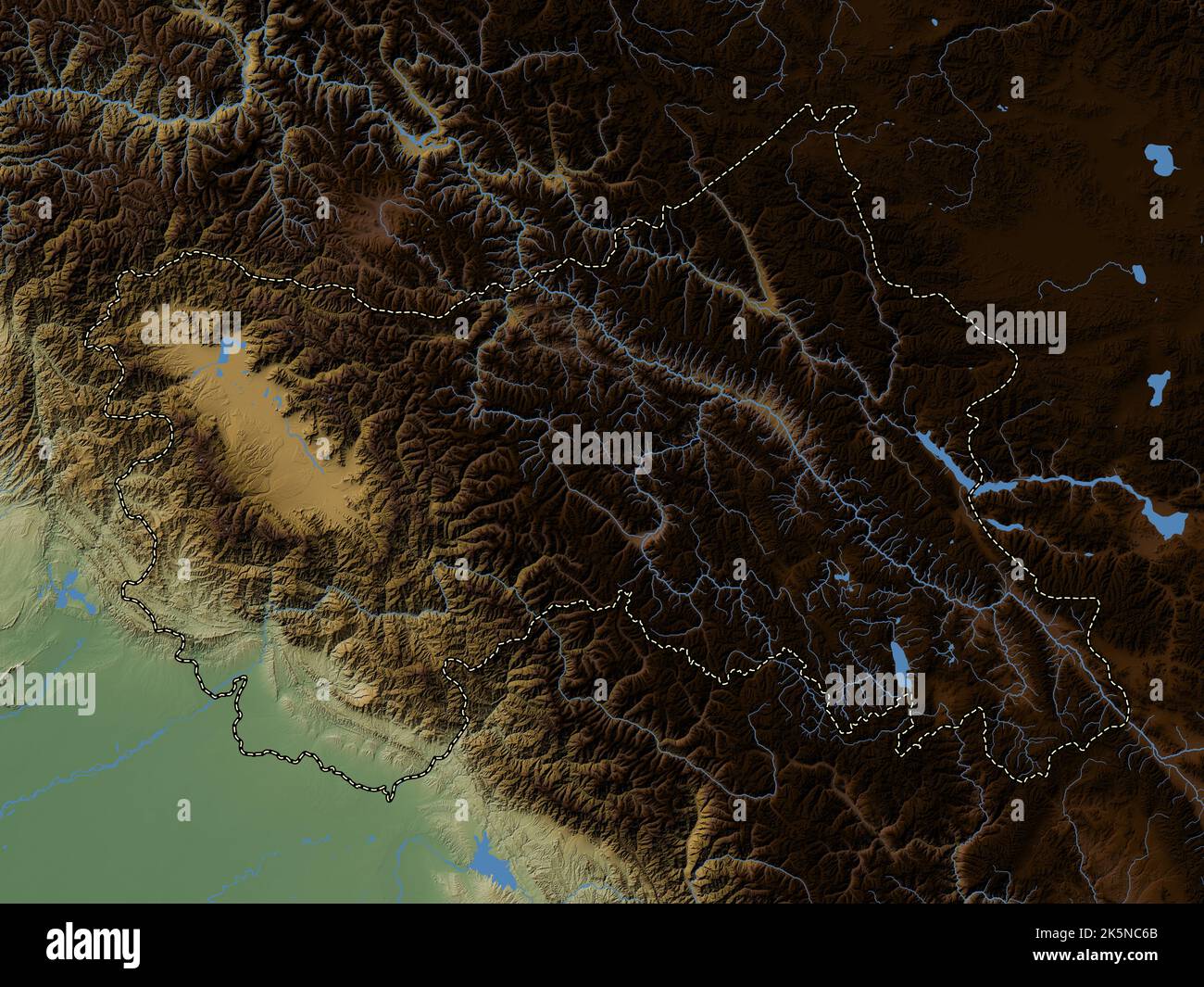 Jammu and Kashmir, state of India. Colored elevation map with lakes and ...