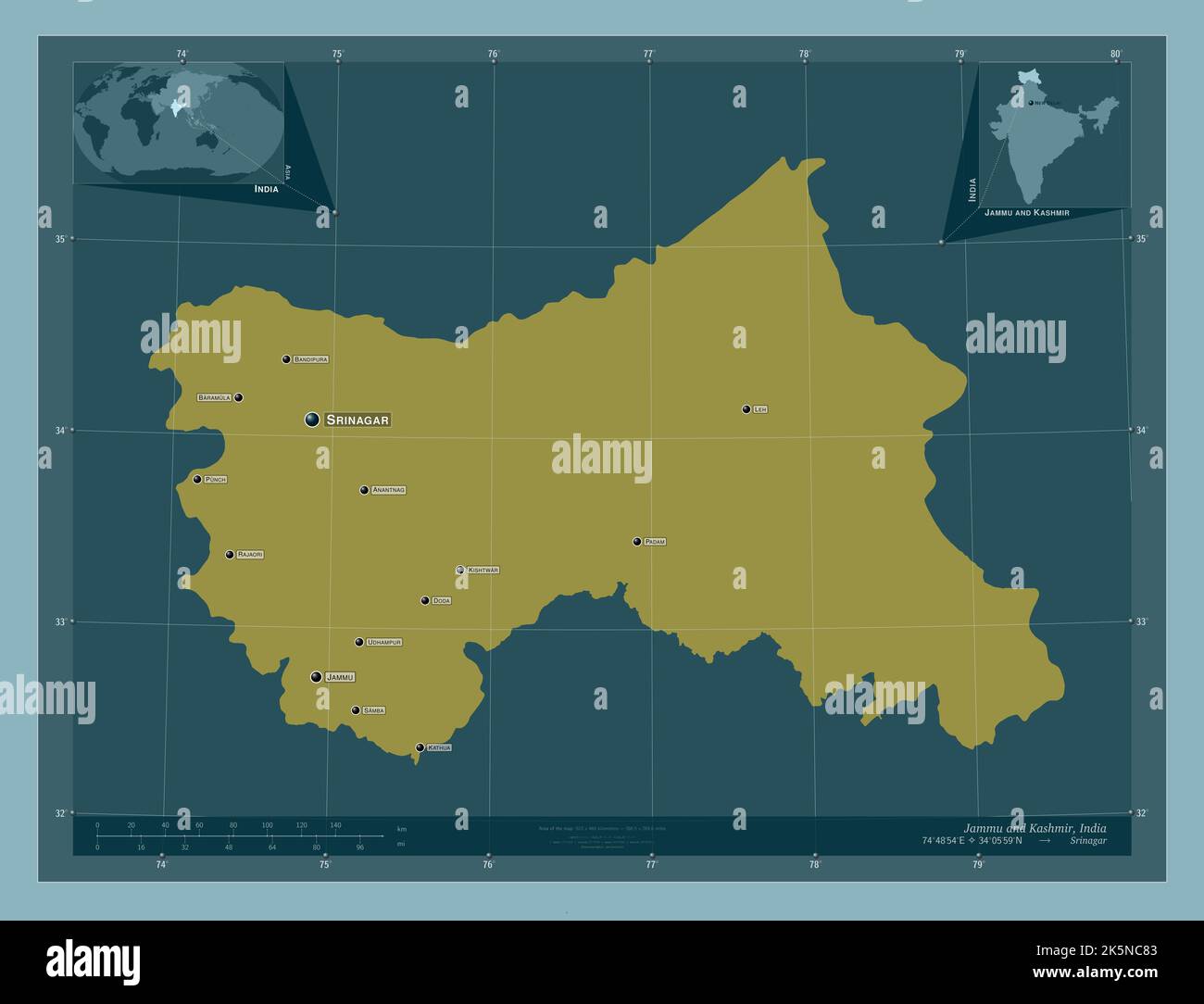 Jammu and Kashmir, state of India. Solid color shape. Locations and ...