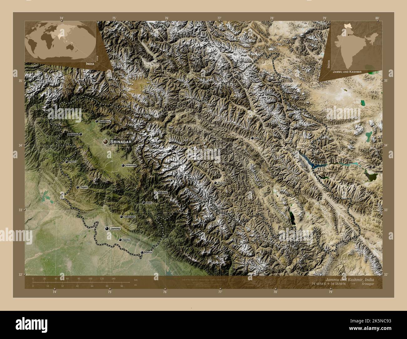 Jammu and Kashmir, state of India. Low resolution satellite map ...