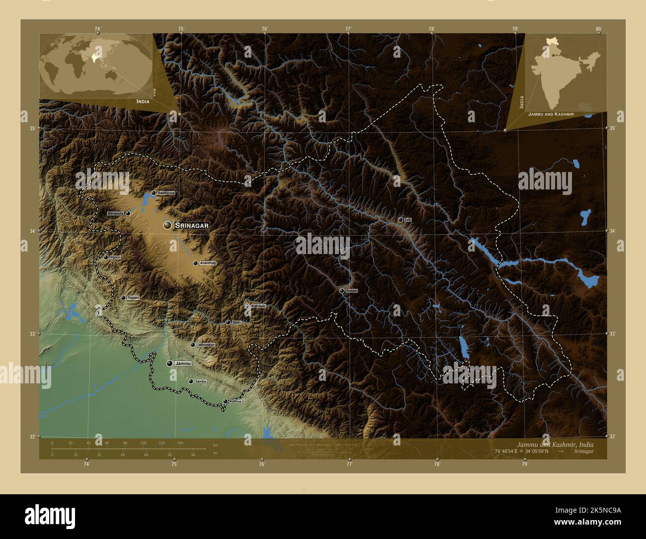 Jammu and Kashmir, state of India. Colored elevation map with lakes and rivers. Locations and ...