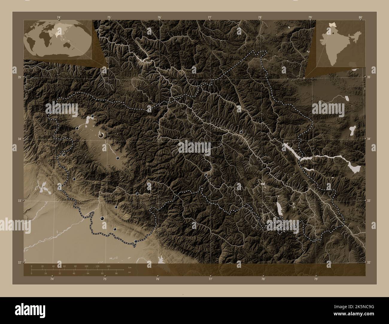Jammu and Kashmir, state of India. Elevation map colored in sepia tones ...