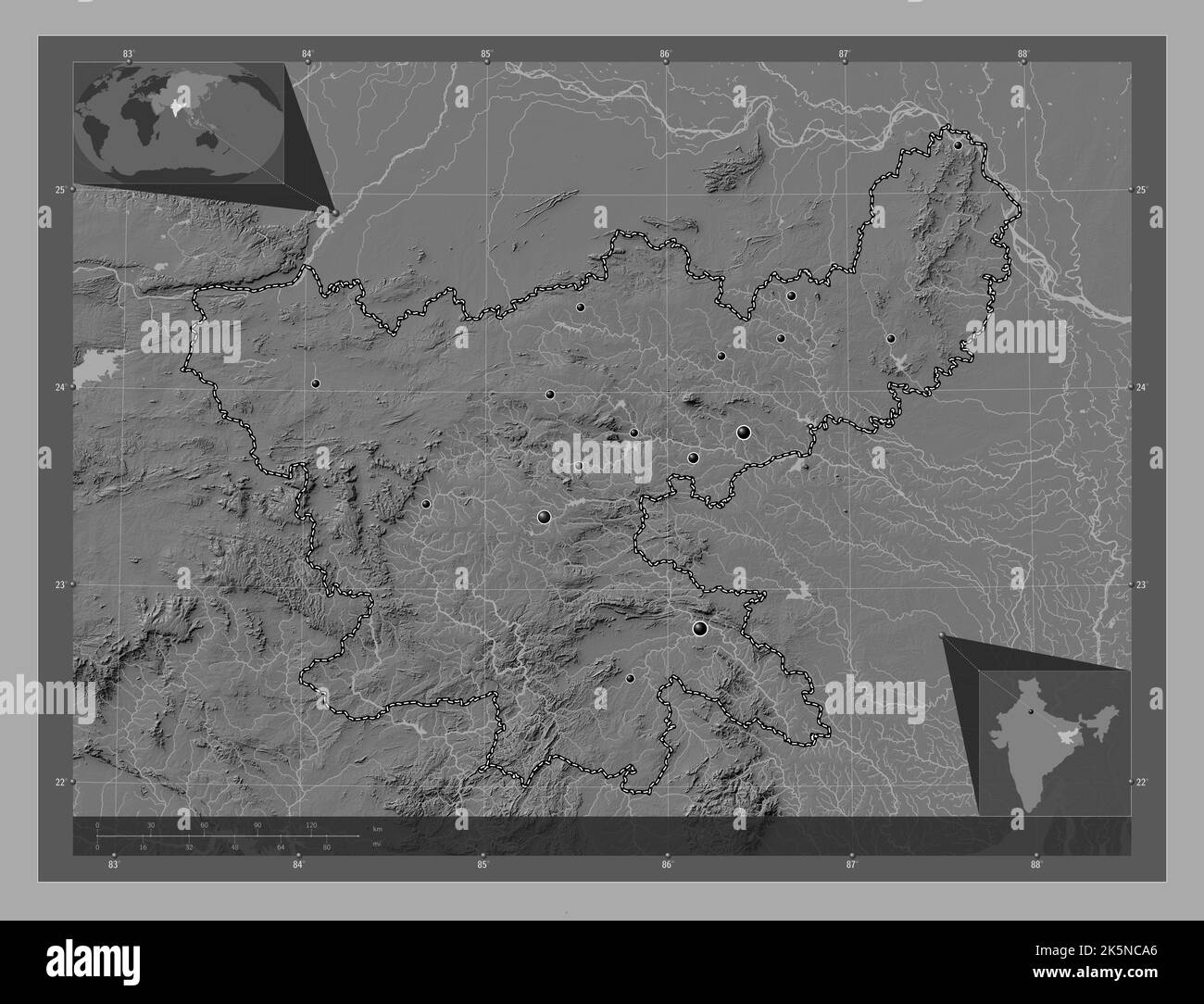 Jharkhand, state of India. Bilevel elevation map with lakes and rivers ...