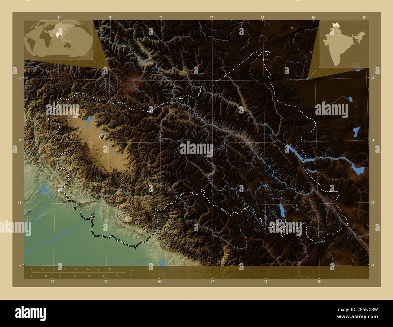 Jammu and Kashmir, state of India. Colored elevation map with lakes and ...