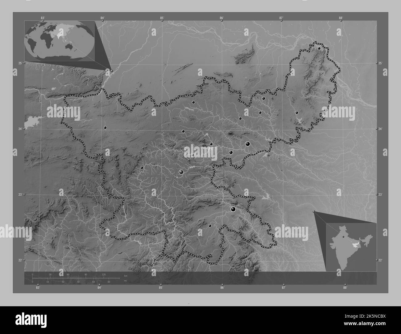 Jharkhand, state of India. Grayscale elevation map with lakes and ...