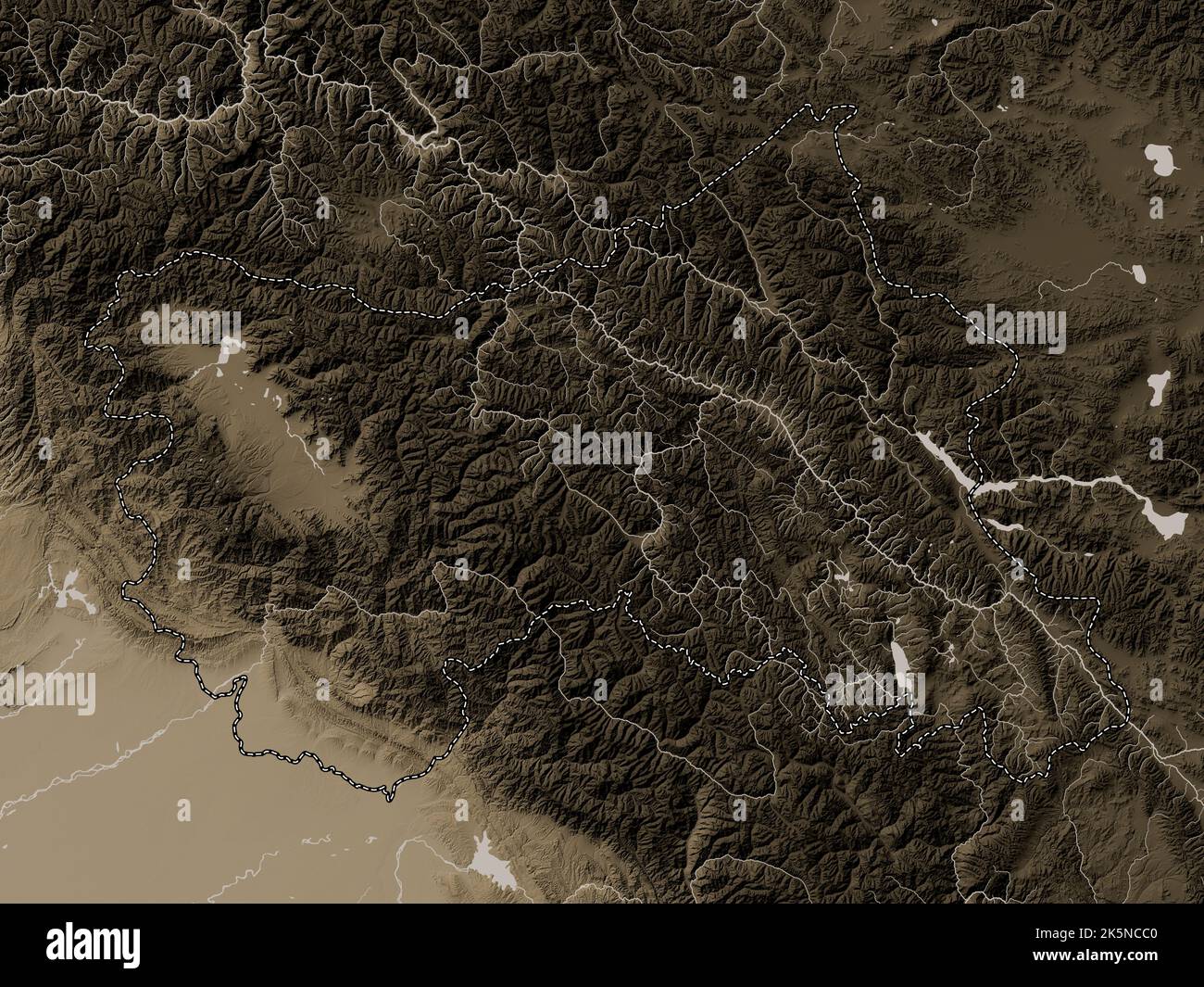 Jammu and Kashmir, state of India. Elevation map colored in sepia tones ...
