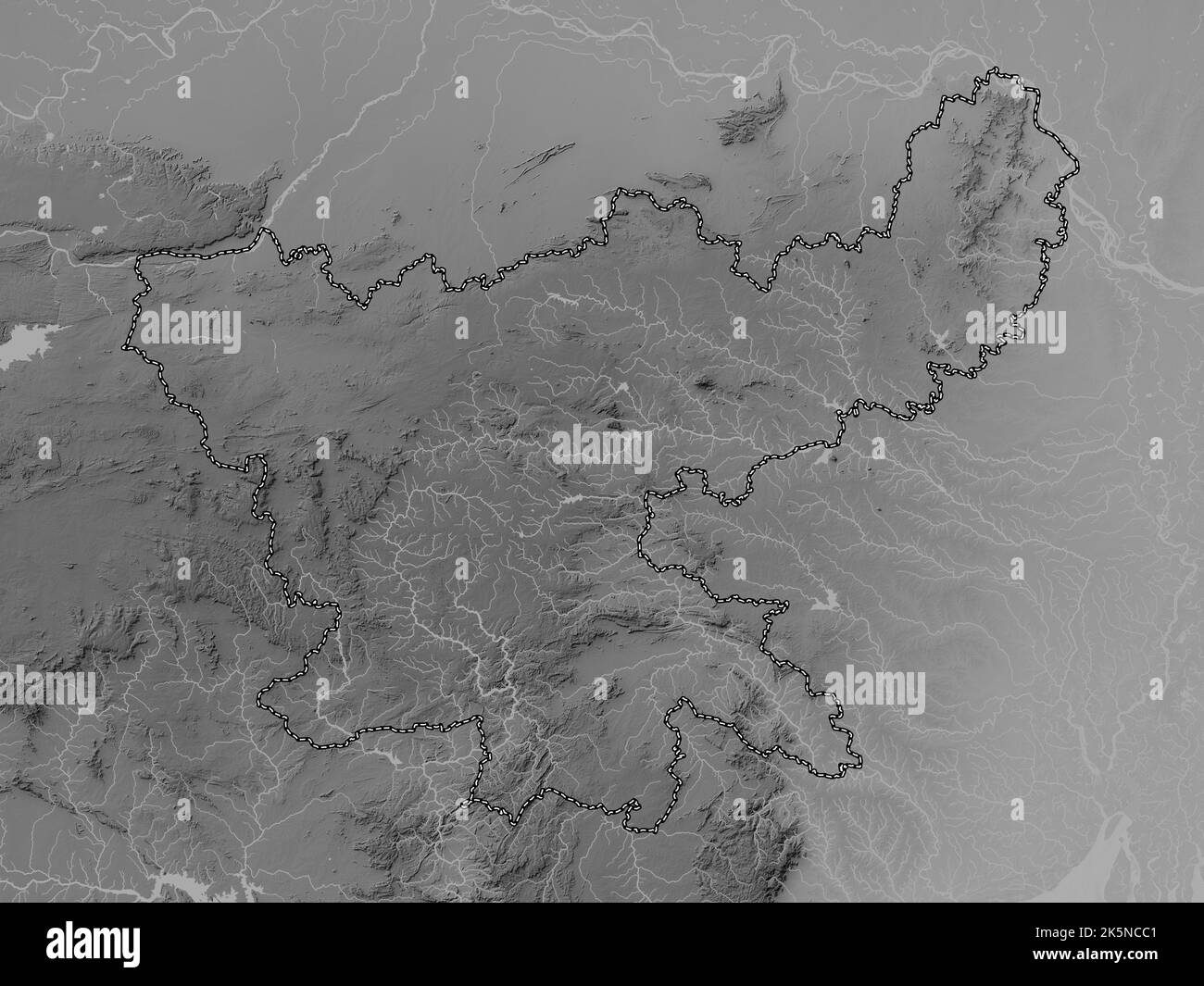 Jharkhand, state of India. Grayscale elevation map with lakes and ...