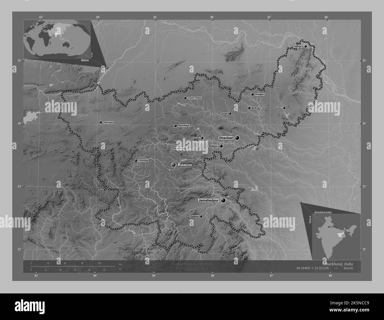 Jharkhand, state of India. Grayscale elevation map with lakes and ...